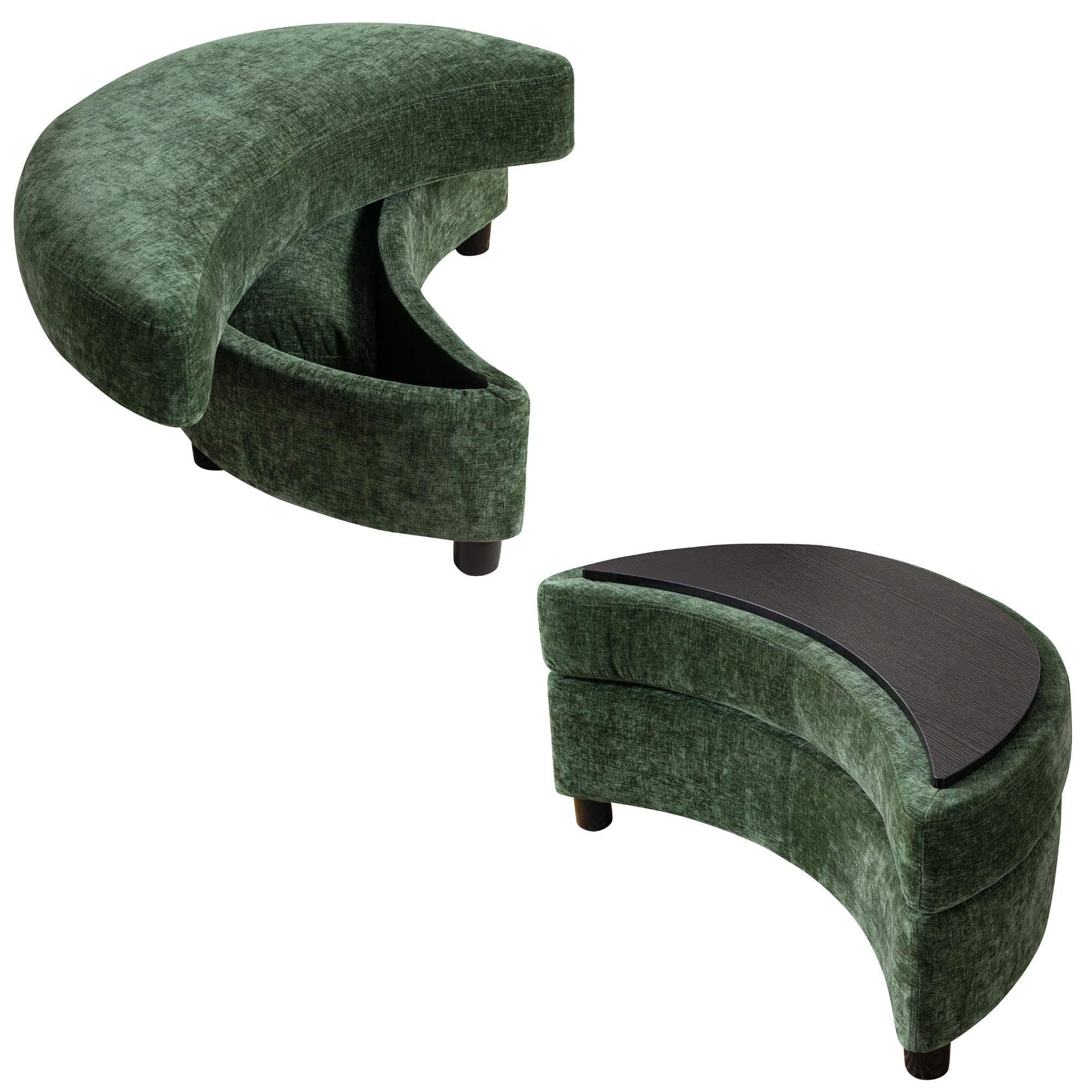 HABITRIO Storage Ottoman, Green Chenille Upholstered Half Crescent Moon Bench w/ 1 Toss Pillow, Tray Serve As Side Table, Padded Seat Dressing Shoe Bench Footrest for Living Room, Entryway, Hallway