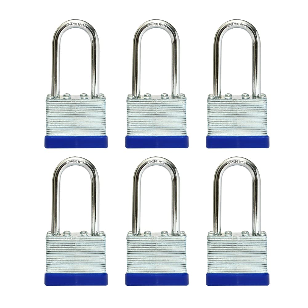 LanuBe Laminated keyed Padlock (1-9/16", 40mm), keyed Alike Locks, Long Shackle,Marked Blue Plastic Hoop, Pack of 6…