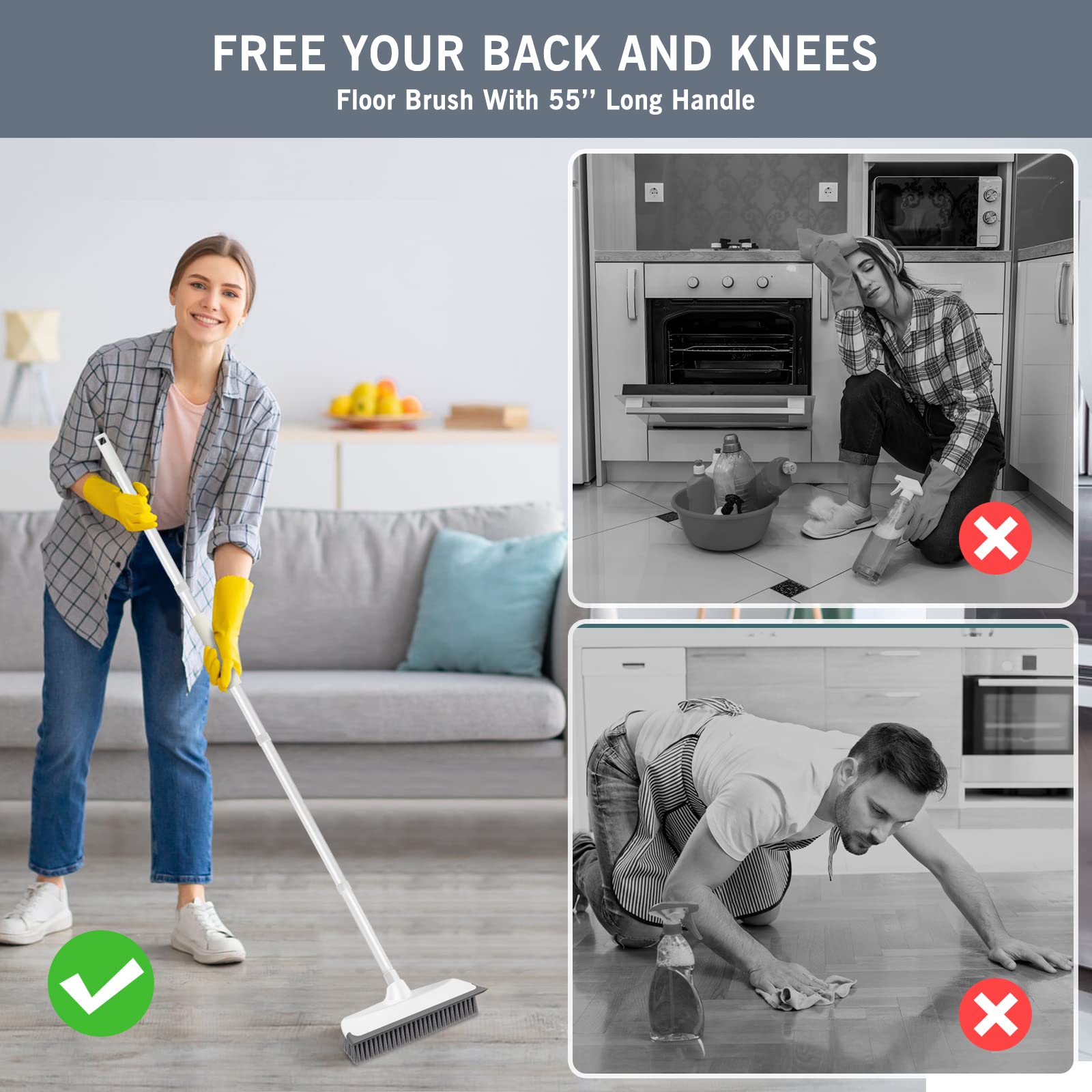 Floor Scrub Brush with Squeegee, Floor Brush Scrubber with 55'' Firm Long Handle, Shower Cleaning Brush for Bathroom, Patio, Kitchen, Wall and Deck