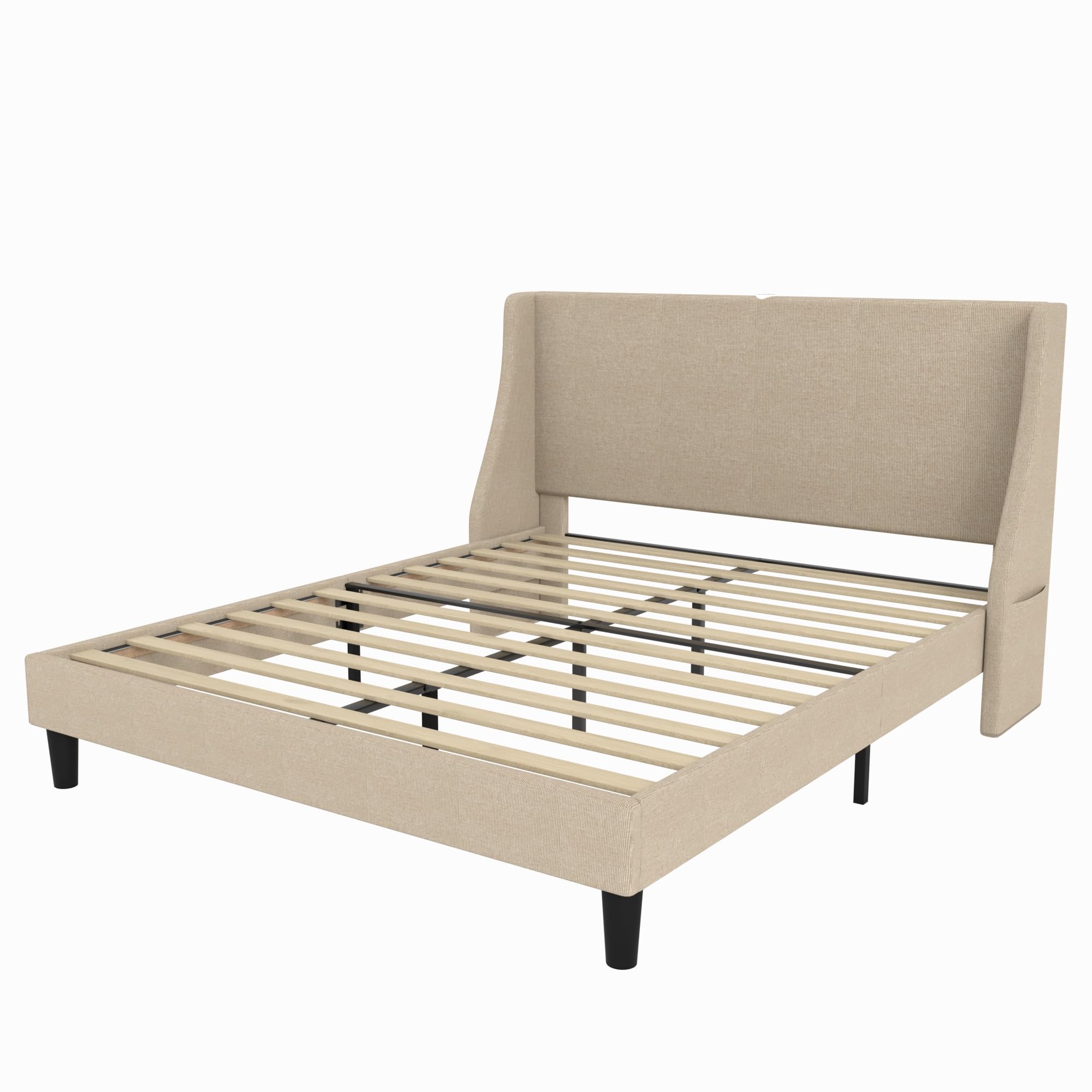 VECELO Queen Bed Frame with Upholstered Wingback Headboard, Heavy-Duty Platform Bedframe with Charging Station & Side Pockets, No Box Spring Needed, Light Beige
