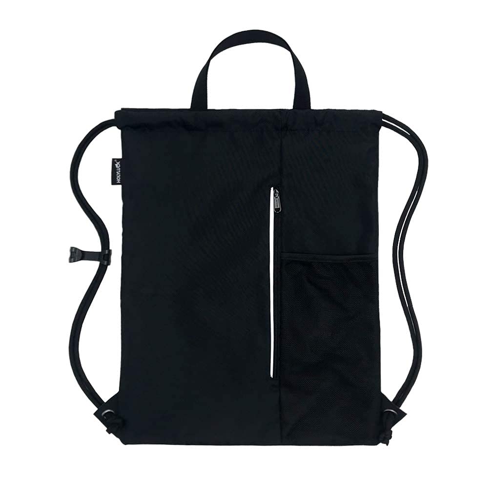 HOLYLUCK Drawstring Backpack Sports Gym Bag String Bag Sports Sackpack Gym Sack for Women Men with Zipper - black