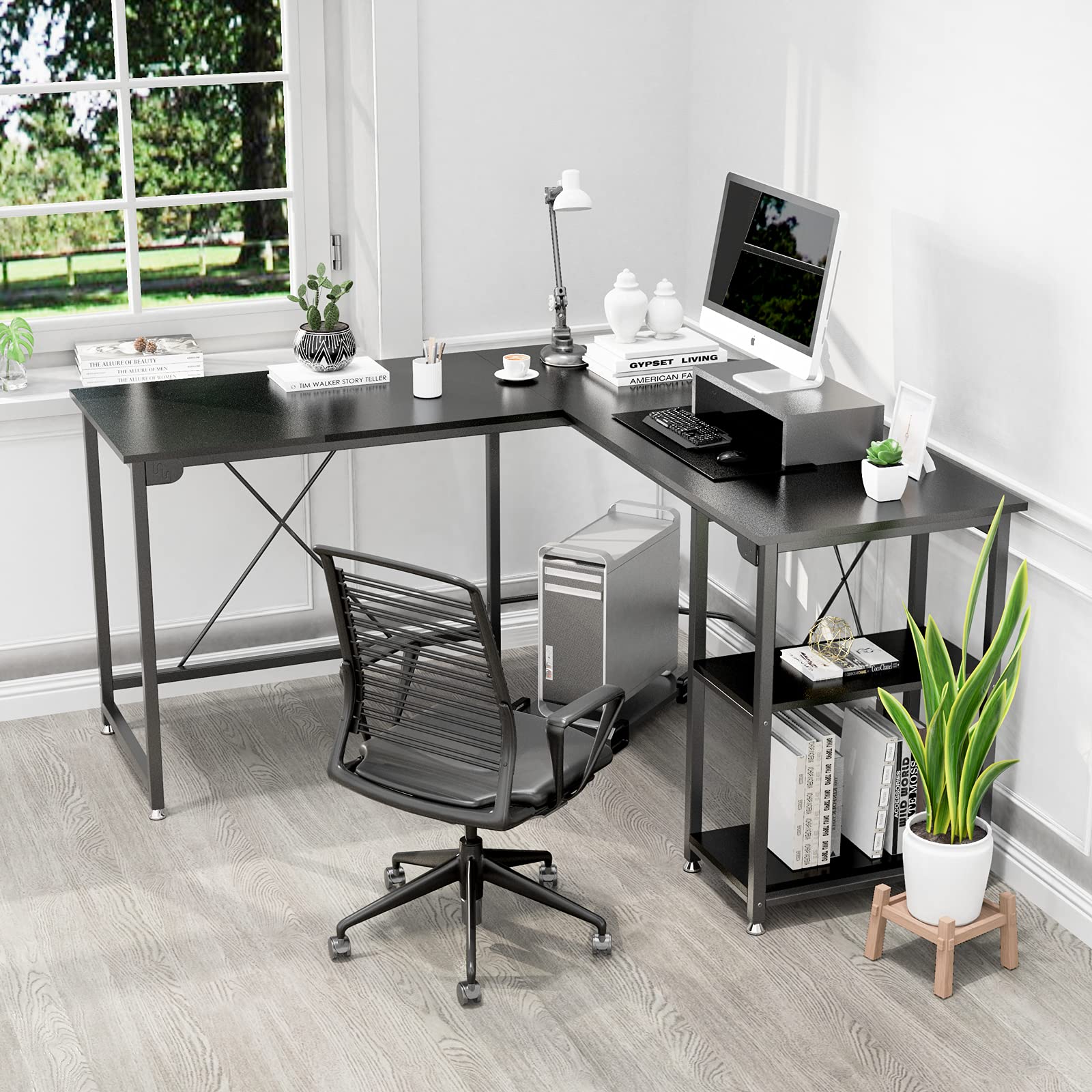 GIKPAL Desk with Drawer, Home Gaming Desk, Office Writing Workstation with Storage Shelves, Space-Saving, White