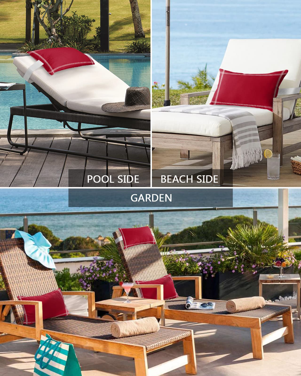 T&H XHome Outdoor Pillow for Chaise Lounge Chair, Solid Color Red Waterproof Headrest Pillow Lumbar Pillows with Insert & Adjustable Elastic Strap for Beach, Poolside, Patio, Office (2 Pack)