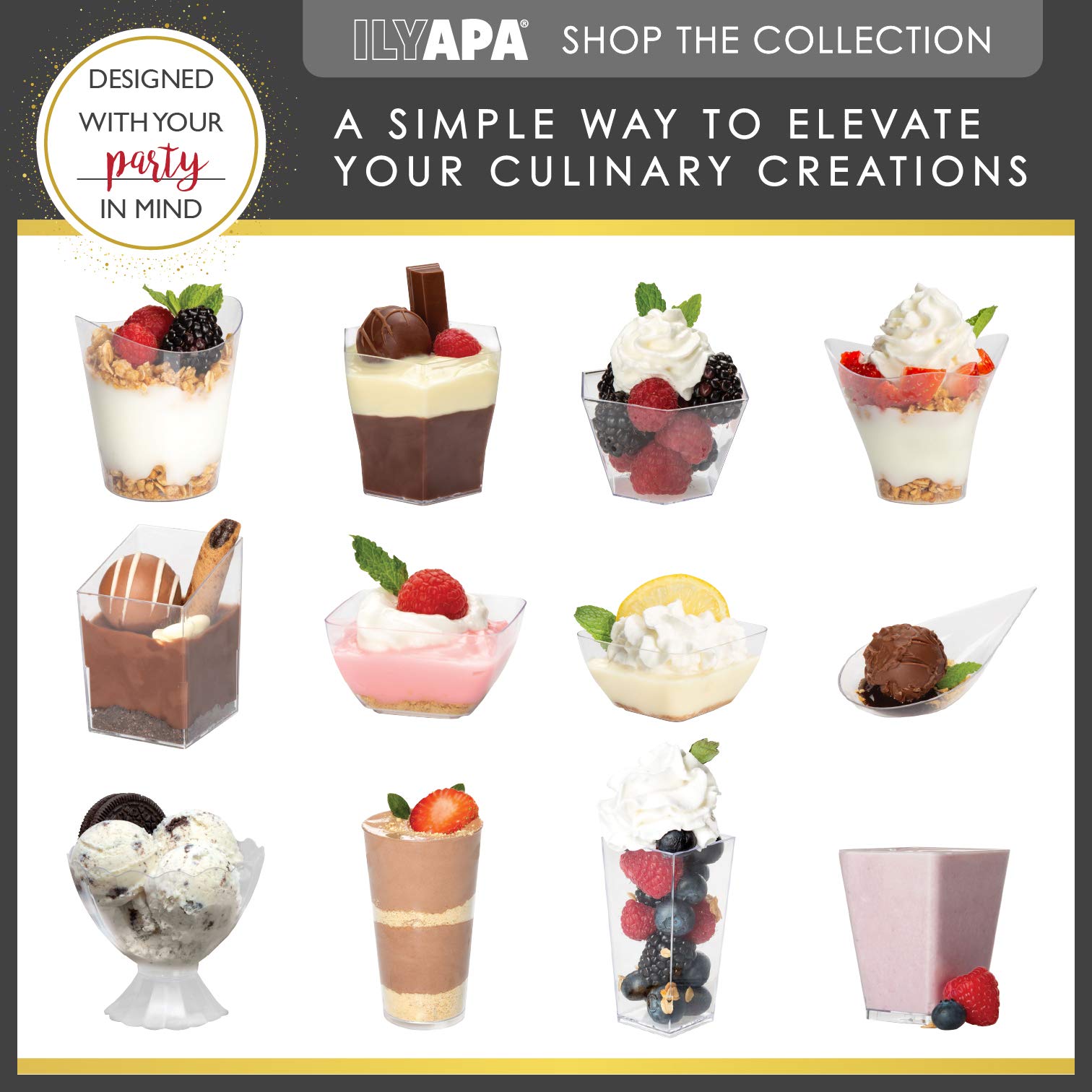 Ilyapa 100 Pack 3 ounce Dessert Cups, Plastic 3oz Dessert Cups with Spoons, Mini Shooters 3 oz, Cheesecake Shooter Cups, Chocolate Mousse Cups, Appetizer & Breakfast Brunch Accessories, Round