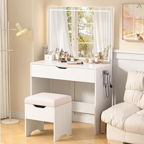 VECELO Vanity Desk Set with LED Lighted Mirror & Power Outlet, Makeup Table with Large Drawer, Storage Stool and Hair Dryer Stand, for Bedroom, White