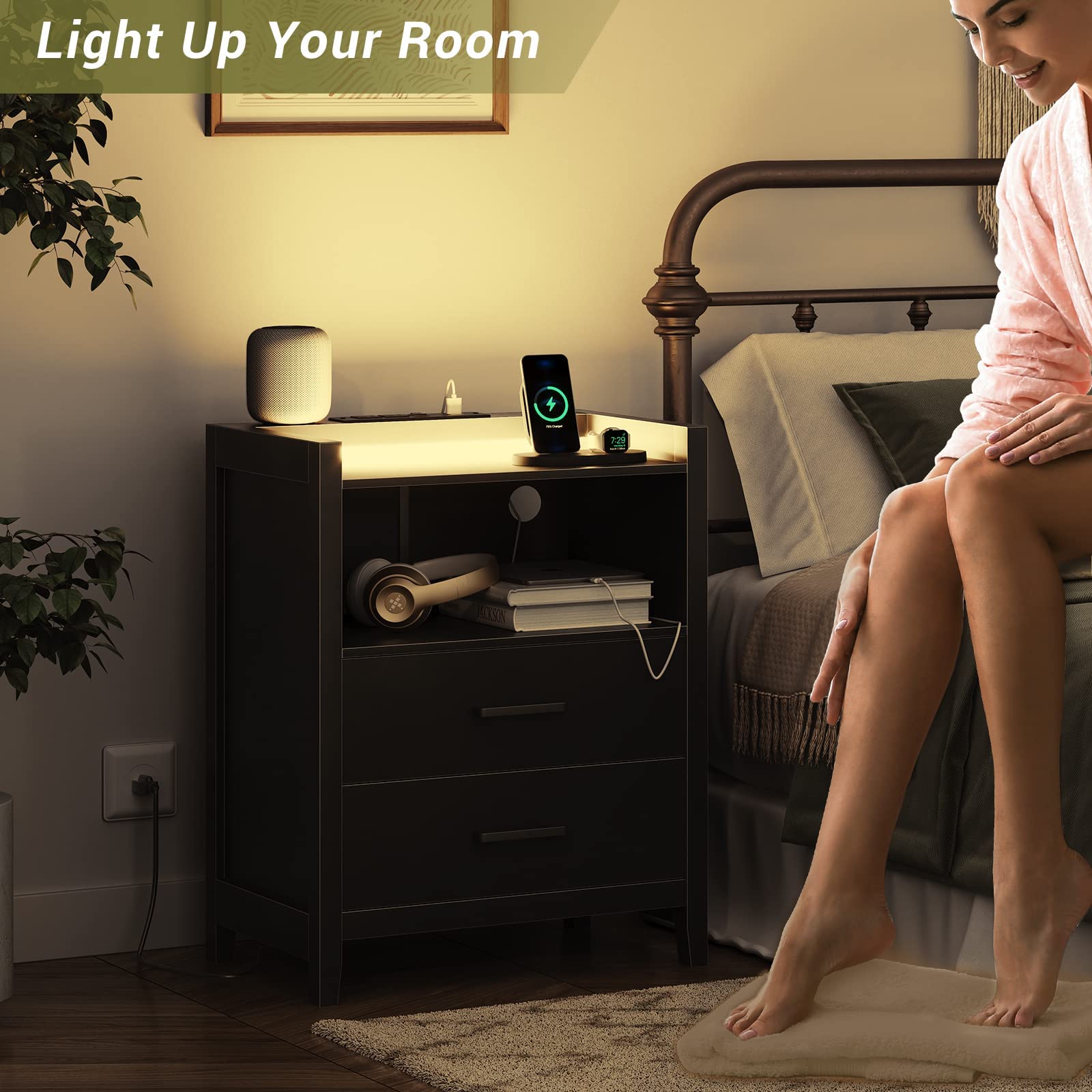 EPHEX Nightstand with LED Light & Charging Station, Black Night stand with 2 Drawers, Modern End Side Table with USB Ports, Bedside Table for Bedroom