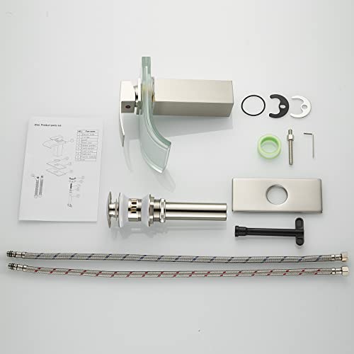 LOOPAN Waterfall Bathroom Faucet LED Light with Pop up Drain, 1 Hole Single Handle Bathroom Faucet Brushed Nickel with 3 Light Changing, Single Hole Deck Mounted Basin Tap Faucet