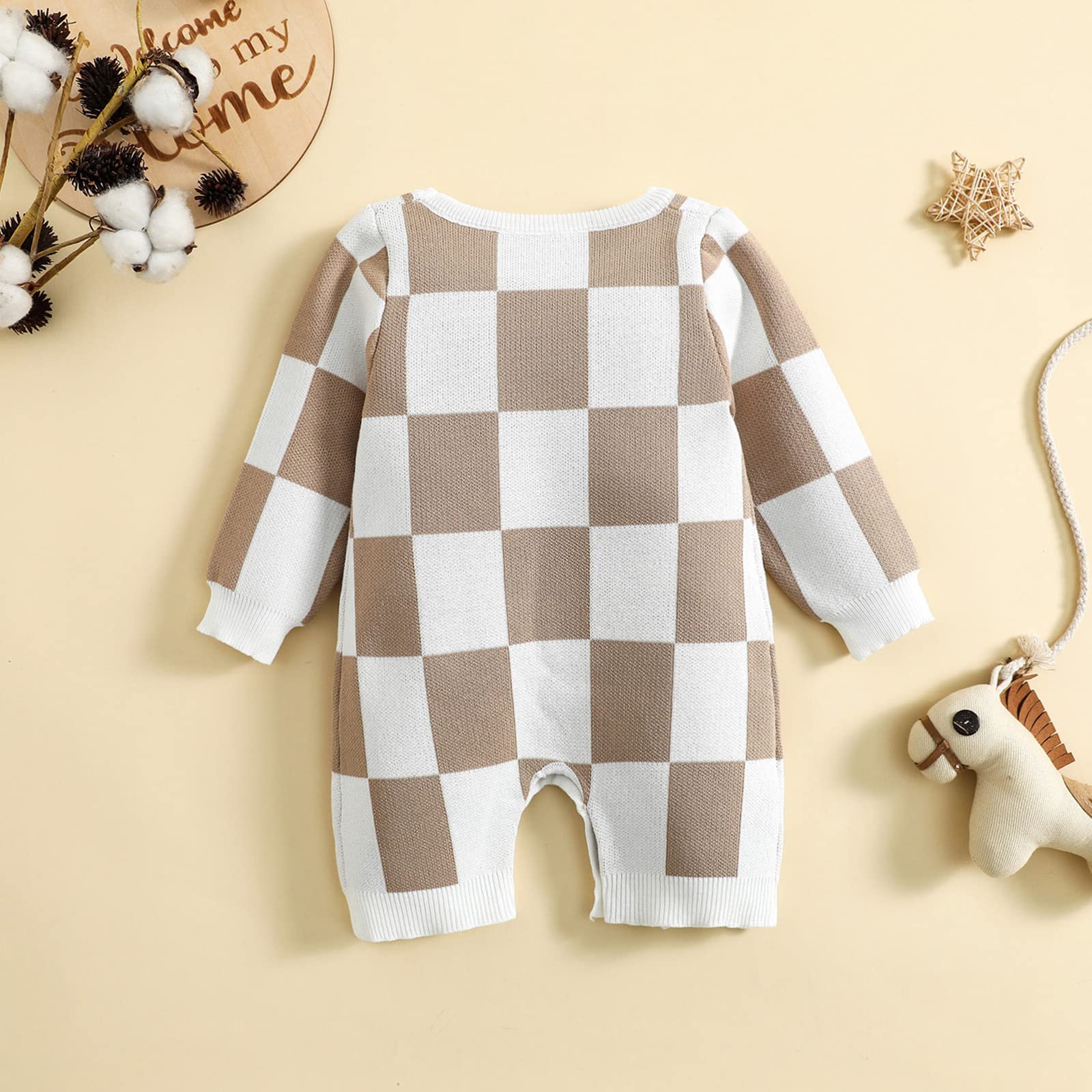 Lamgool Baby Girls Boys Checkered Jumpsuit Knitting Longsleeve Casual Plaid Romper Outfit for Fall 6-12M