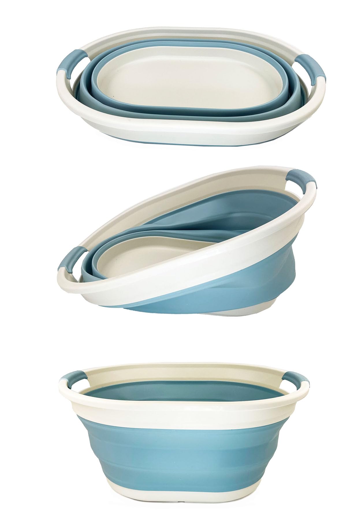 SAMMART 28L (7.4Gallons) Collapsible Plastic Laundry Basket - Oval Tub/Basket - Foldable Storage Container/Organizer - Portable Washing Tub - Space Saving Laundry Hamper (1, Grey/Sterling Blue)