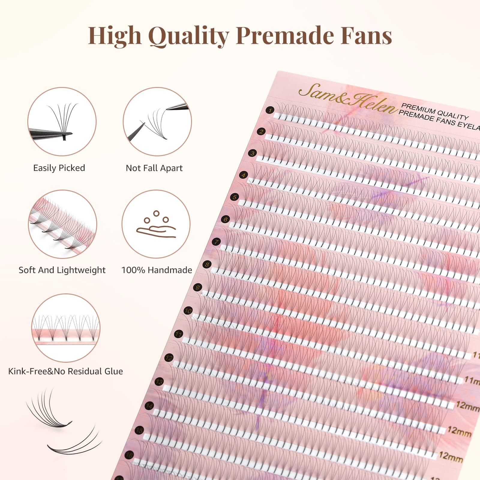 Premade Fans Eyelash Extensions 8D/10D 0.07 C/D Mixed Lengths 8-15mm 400 Fans XL Tray Pointy Base Promade Individual Lashes Extension(10D 0.07C 8-15MM)