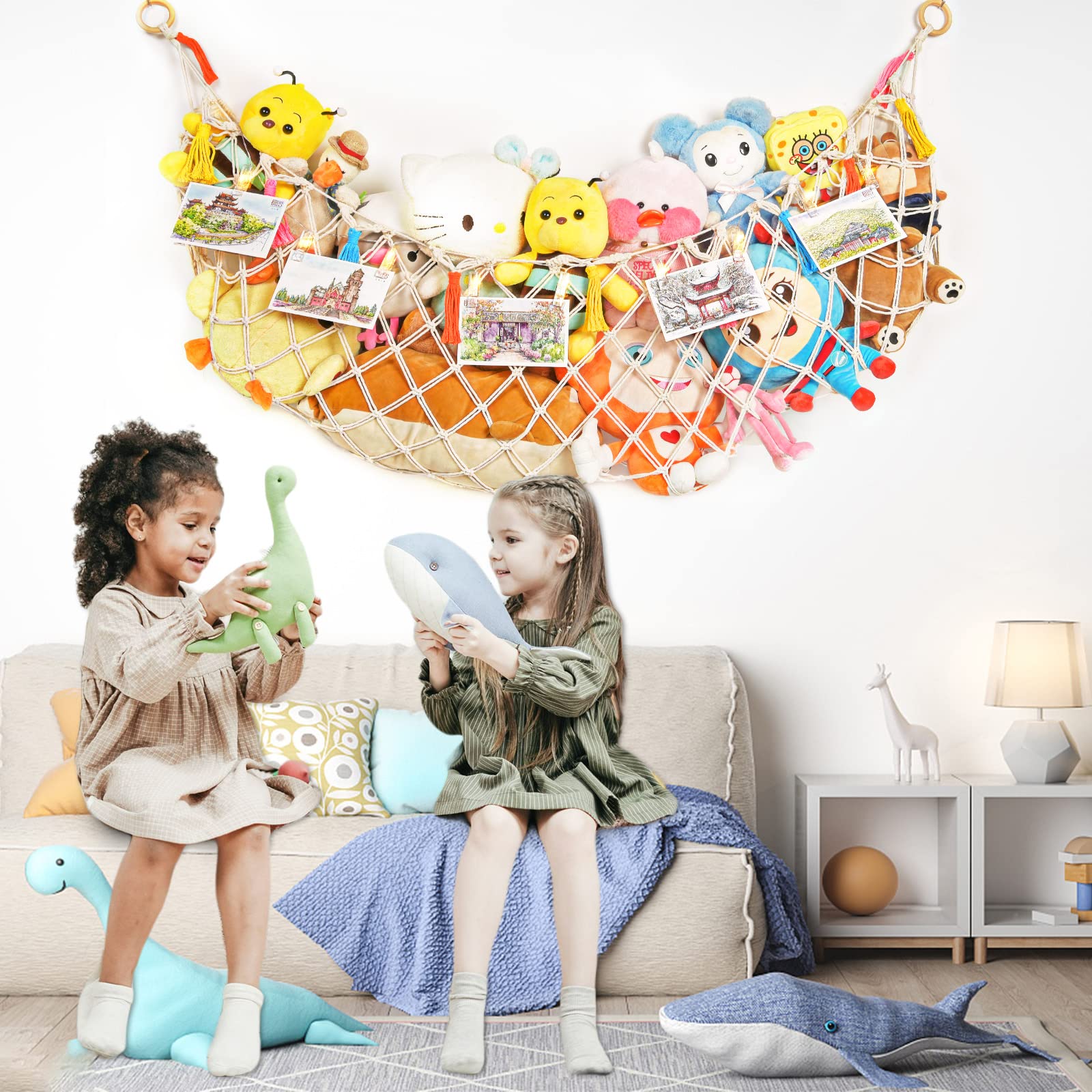 Macrame Stuffed Animal Net,Toy Hammock for Stuffed Animals Storage,Pet Net for Plush,Handmade Hanging Corner Net Wall for Squishmallow,Plushie Holder Organizer with LED Photo Clips,59inch Extra Large