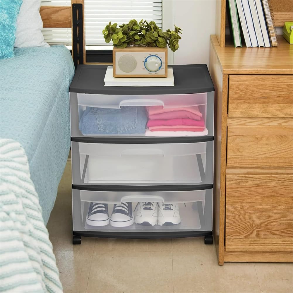 Plastic Storage Drawer Cart, 3 Large Clear Drawers Medium Home Organization Storage Container With Wheels Medium Home Organization Storage Container with 3 Large Clear Drawers With Wheels (Black)