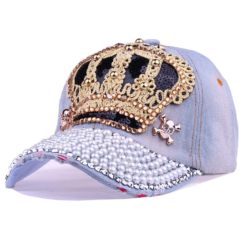 Gudessly Bling Women Baseball Cap Flower Snapback Rhinestone Sun Hats Adjustable Denim Jeans Hat (Crown)