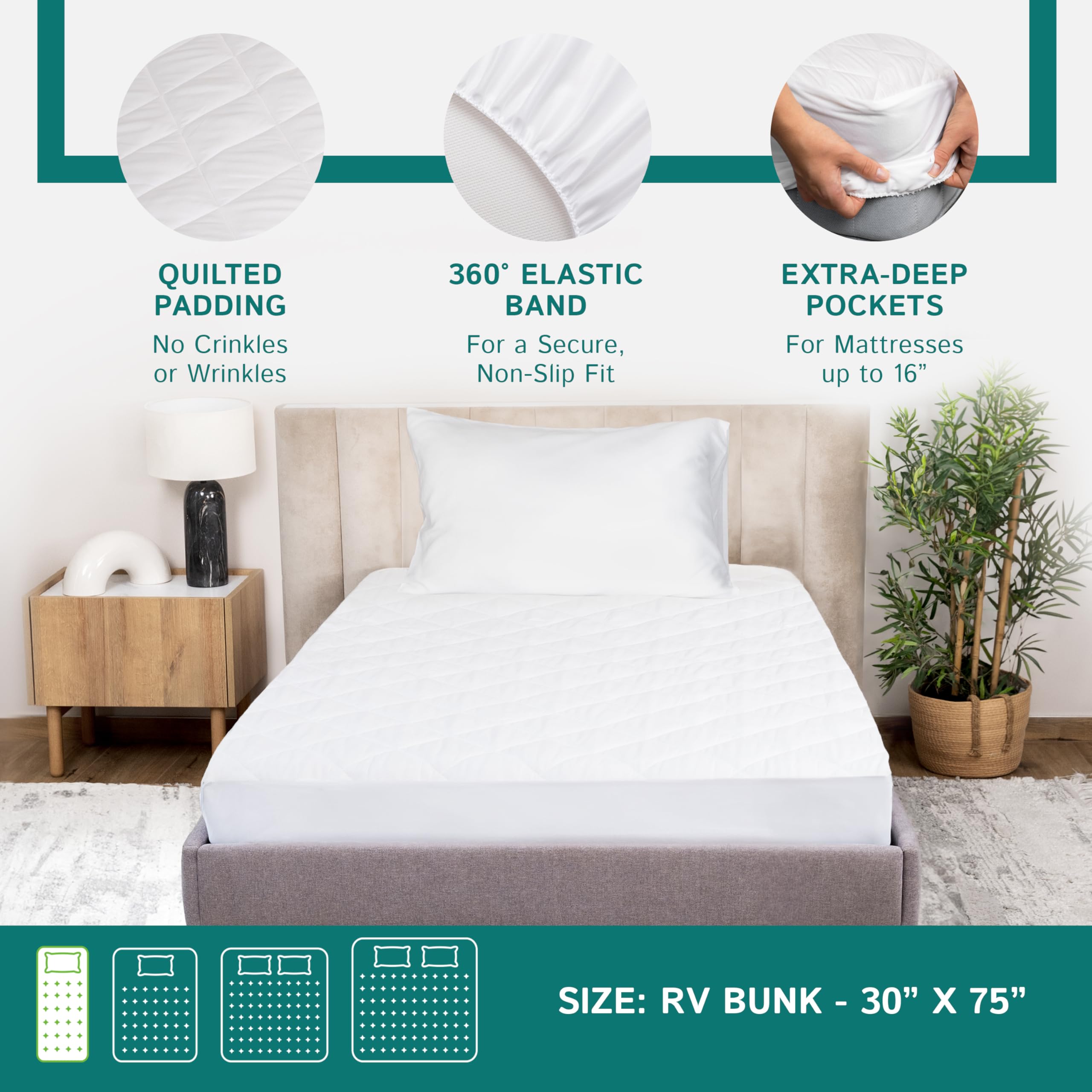 RV Bunk Size Waterproof Mattress Pad - Fitted Mattress Protector with Quilted Pillow Top Mattress Topper - Premium Quality Hypoallergenic Mattress Cover (30βx75β)