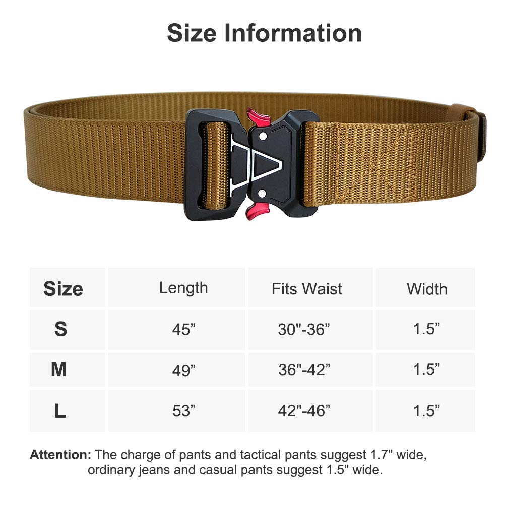 FAIRWIN Tactical Belt,1.5 Inch Web Belt, No Holes Quick Release Heavy Duty Web Belt for Men,Tactical Belt for Men (Brown, L 42"-46")