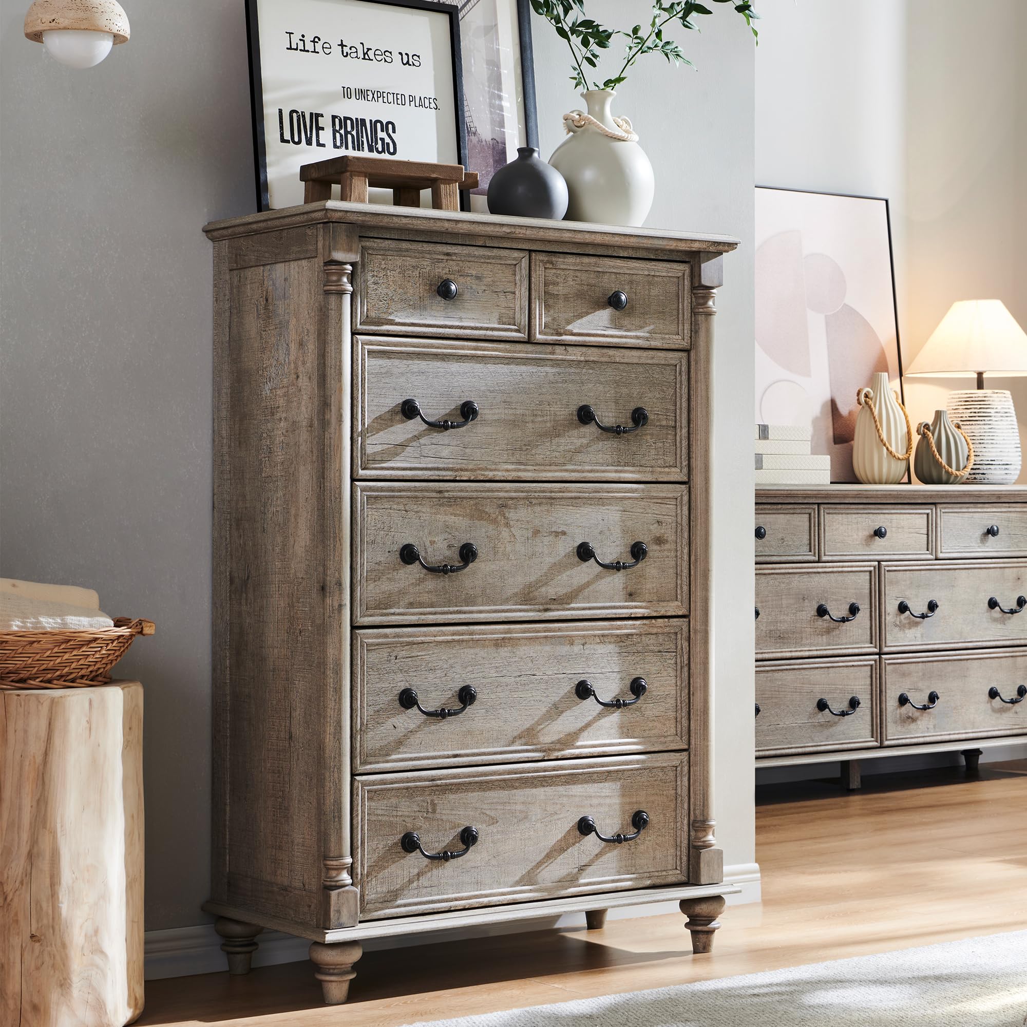 T4TREAM Farmhouse 6 Drawers Dresser Chests for Bedroom w/4 Solid Wood Feet & Column Decor, Tall Wood Country Rustic Chest of Drawers, Storage Dressers for Bedroom, Living Room, Light Rustic Oak