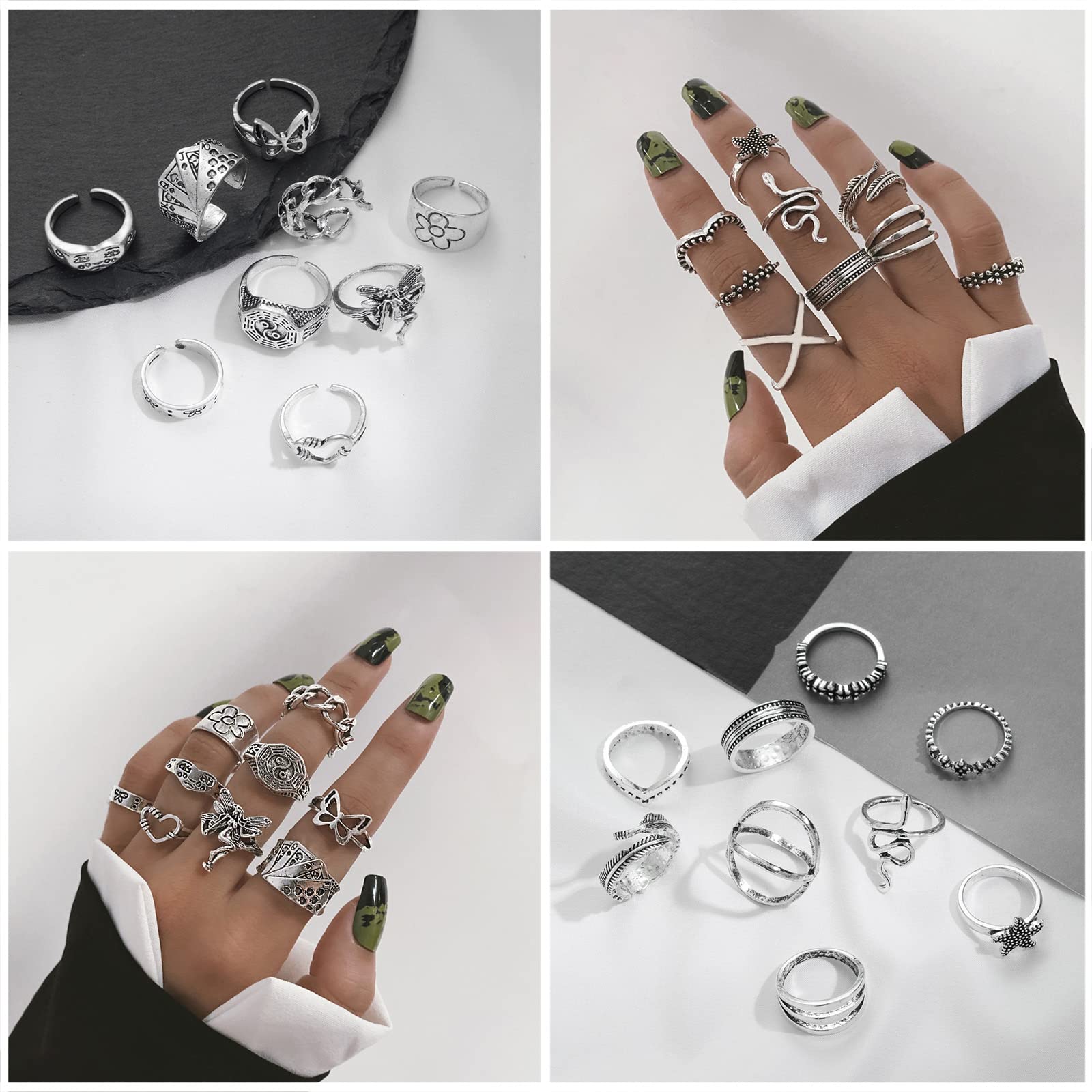IFKM 80 Pcs Vintage Silver Knuckle Rings Set for Women Stackable Y2K Aesthetic Joint Finger Ring Bohemian Retro Midi Rings Boho Butterfly Snake Crystal Stacking Rings Pack for Girls