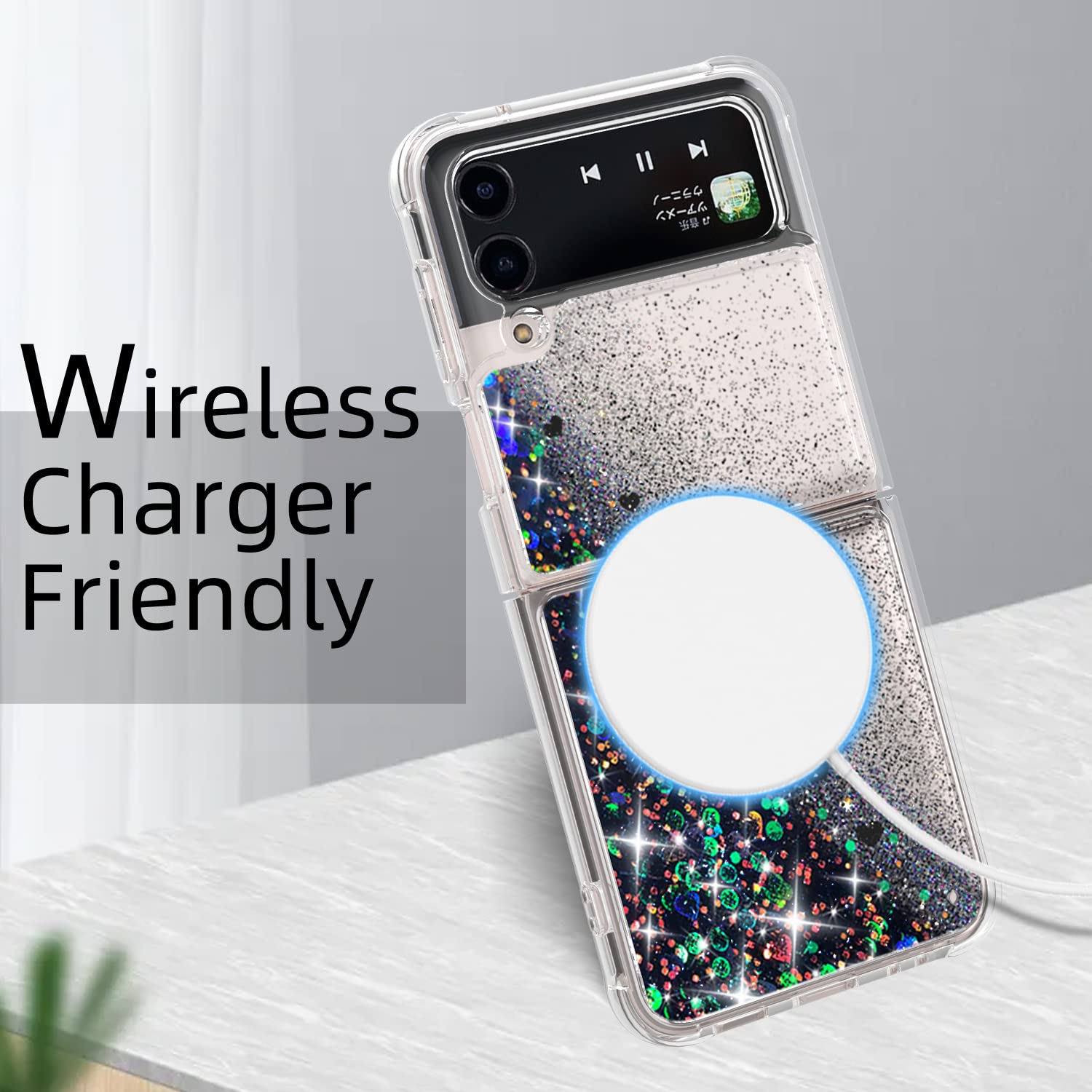 Fcclss Cell Phone Case for Samsung Galaxy Z Flip 4 Case, Samsung Z Flip 4 Case Glitter Sparkle Quicksand Flowing Floating Liquid Case Heavy Duty Shockproof for Women Girls Men, Black