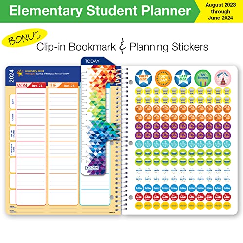 Global Datebooks Dated Elementary Student Planner for Academic Year 2023-2024 Includes Ruler/Bookmark and Planning Stickers (Matrix Style - 8.5"x11" - Space Dino)