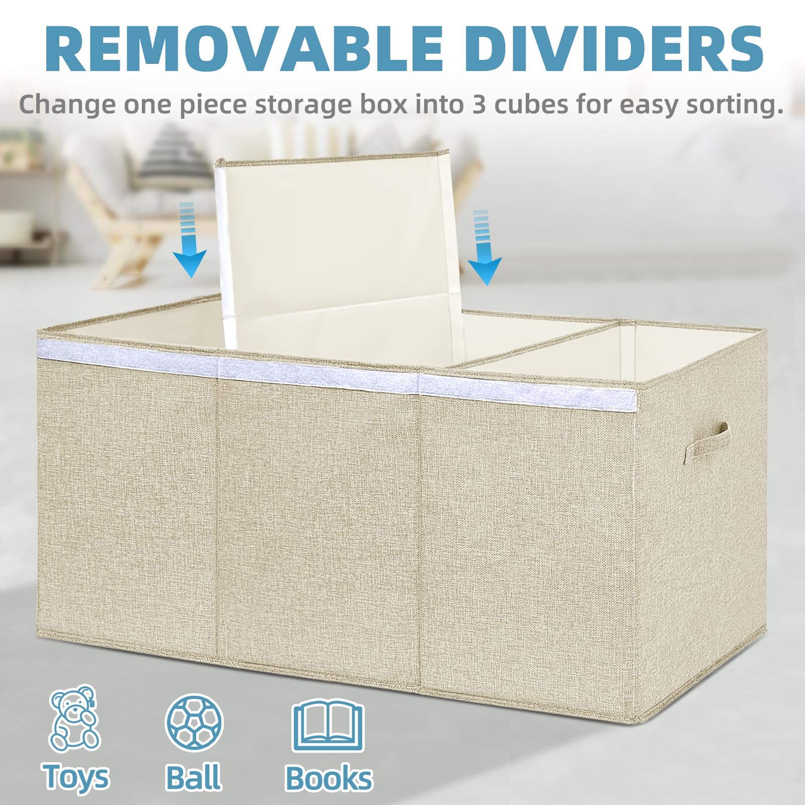 Hoyula Extra Large Fabric Toy Box Storage Container, Collapsible Sturdy Linen Organizer Chest with Lid Bins Basket for Kids, Nursery Room, Playroom, Closet, Beige, 1 pack