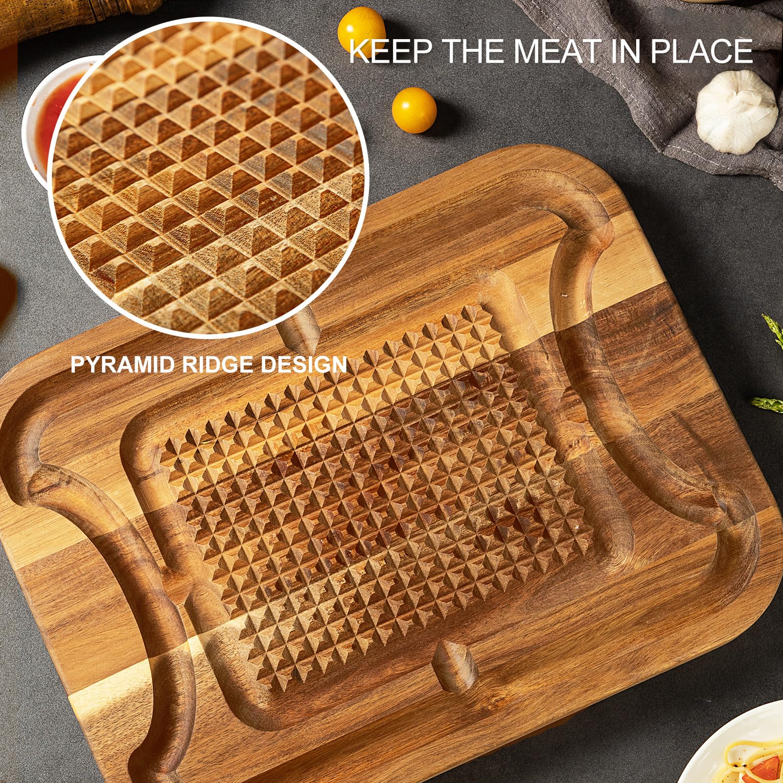 GKOKG Acacia Meat Cutting Board with Deep Juice Groove, Large 17x13 in. Turkey Cutting Board Double Sided Use for Both Meat and Fruit, 1.5" Thick Butcher Block Cutting Boards & Chopping Board