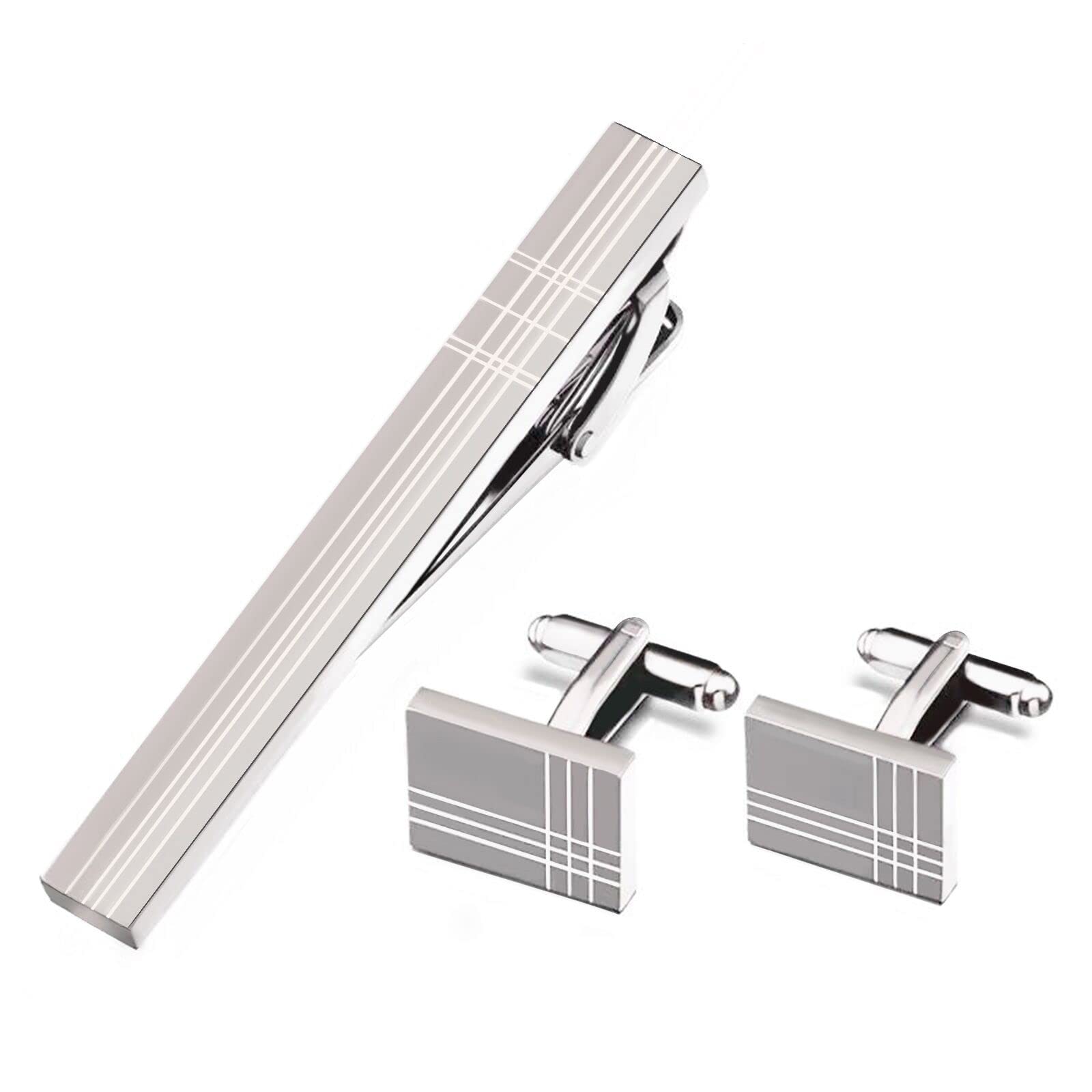 JENLING Tie Clip Cufflinks Set for Men with Box Laser Stripes Silver Tone Tie Bar Tie Clasp