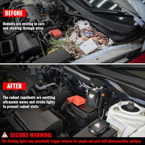 Loraffe Under Hood Animal Repeller Battery Operated Rodent Repellent Ultrasonic Rat Deterrent Keep Mice Away from Car with Ultrasound and Strobe Lights Vehicle Pest Control Automobile Rodent Defense