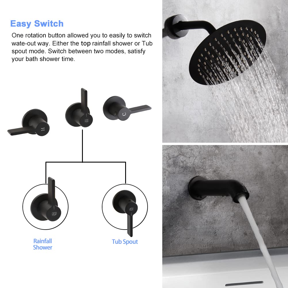Matte Black 3 Handle Shower Faucet Set with Tub Spout, Tub and Shower Trim Kit with Rough-in Valve, Bathroom Rain Mixer Shower System, Rainfall Bathtub Shower Faucets