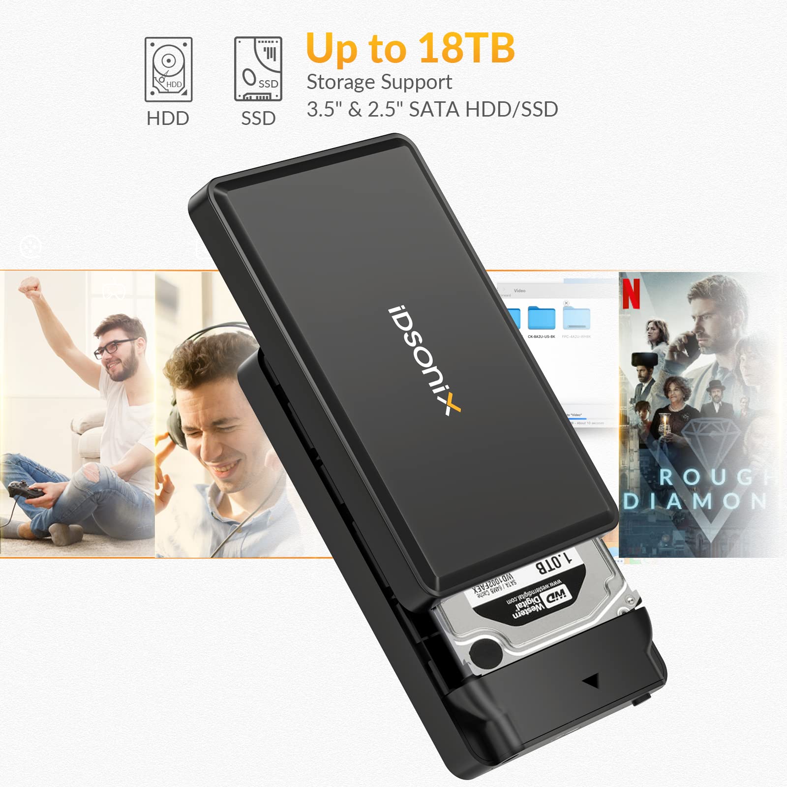 iDsonix 3.5 Inch Hard Drive Enclosure SATA USB C 3.1 Ultra 6G Speed External HDD Caddy Tool-Free Design for UASP , SATA HDD/SSD