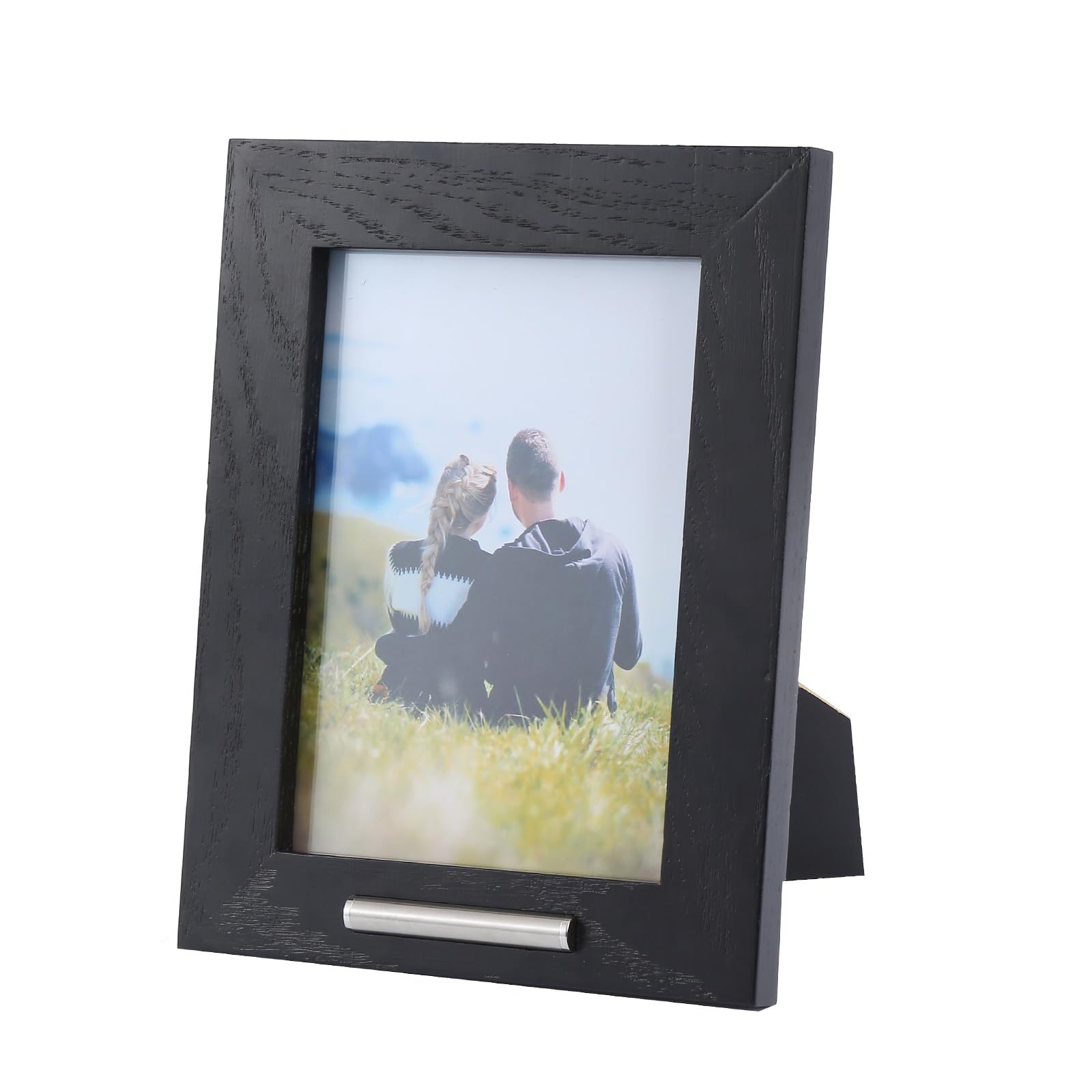 HLmjever Memory Picture Wood Frame 7'' Photo With Stainless Steel Cylinder Cremation Urn For Lovers to Keep Memories Alive, Mini Keepsake with 5'' x 7'' Oka Wood Black Photo Frame Gift