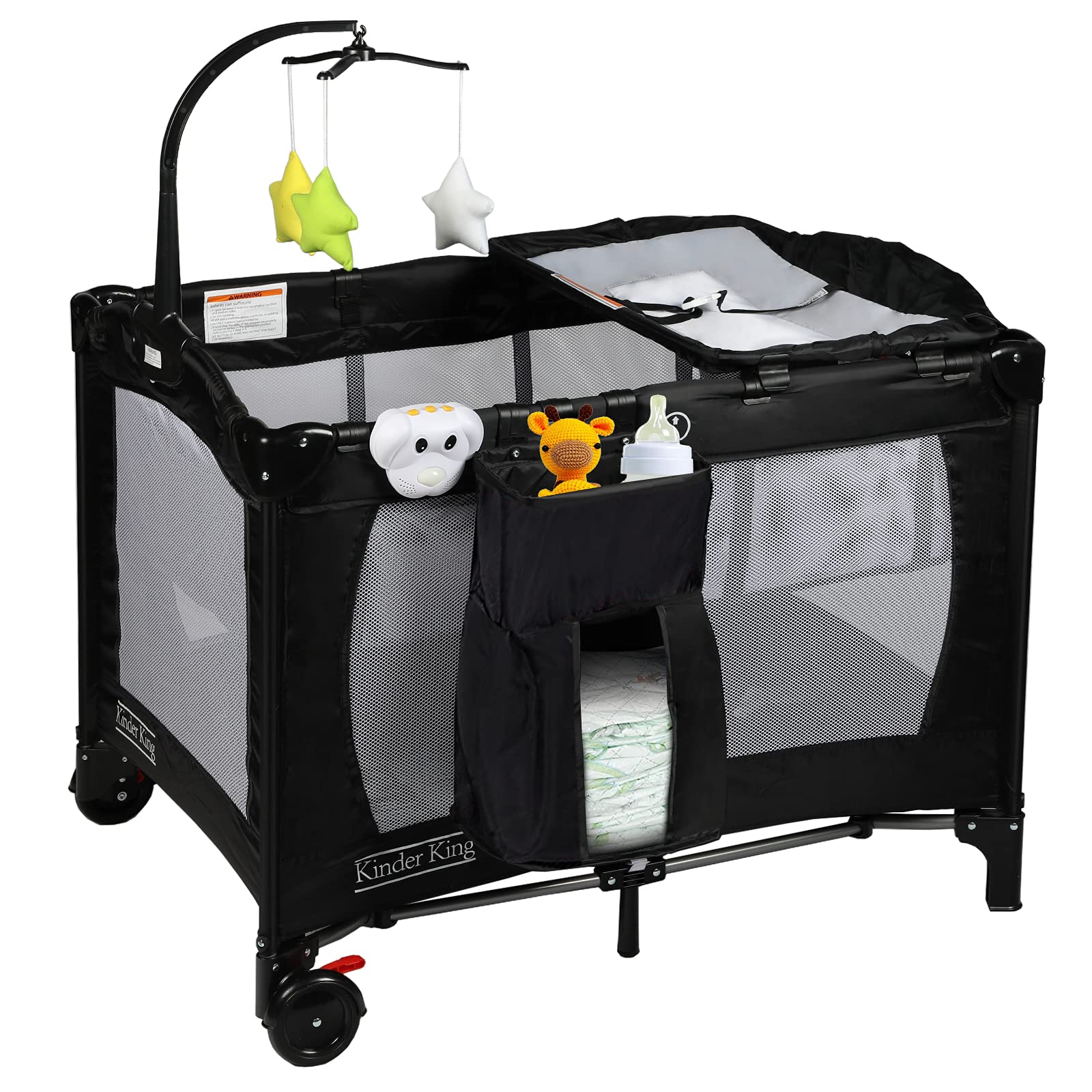 Kinder King 3 in 1 Portable Nursery Center, Foldable Playard for Baby & Toddler, Infant Pack n Play w/Bassinet, Removable Mattress, Newborn Changing Table, Travel Bag, Music Box, Storage Basket, Black