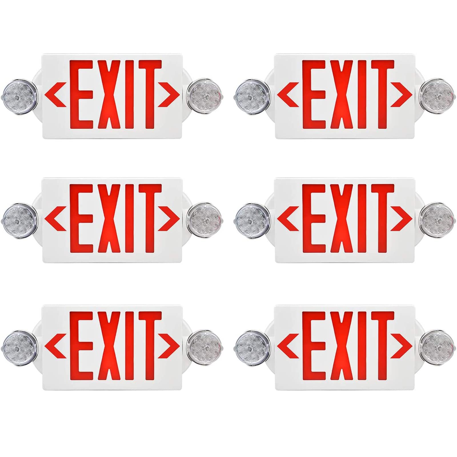 Red LED Exit Sign Emergency Lights with 2 Adjustable Head Lights, Red Letter Emergency Exit Lighting With Battery backup For Restaurant, Commercial, Family Emergency, UL-Listed, 120-277V, 6PCS
