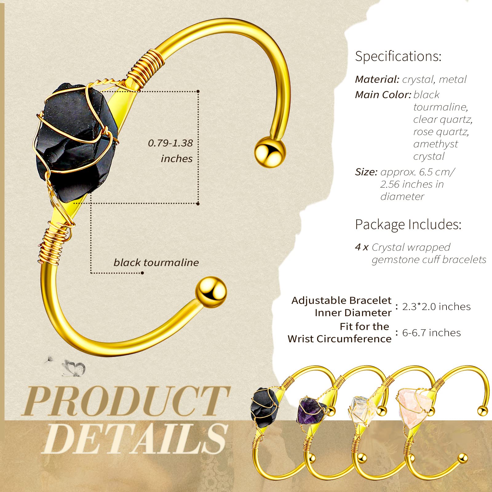 Kigeli 4 Pcs Gold Plated Crystal Cuff Bracelets for Girls Women Irregular Natural Gemstone Cuff Bangle Adjustable Wire Wrapped Cuff Bracelets for Birthday Gifts