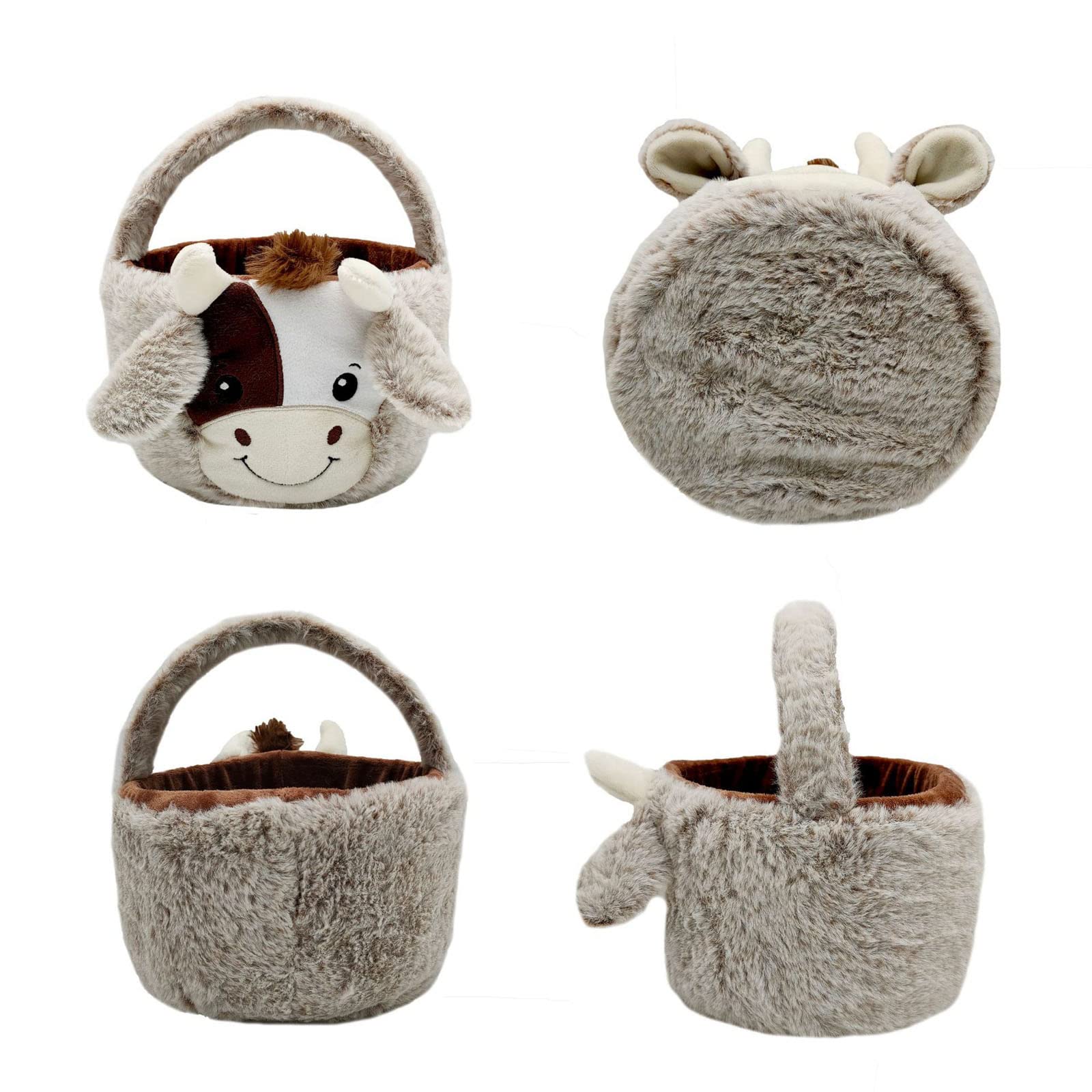My First Easter Basket for Kids Easter Plush Cow Basket Bags with Plush Ear Easter Eggs Hunting Bag Cute Candy Gifts Storage for Boys Girls (White, 25cm)