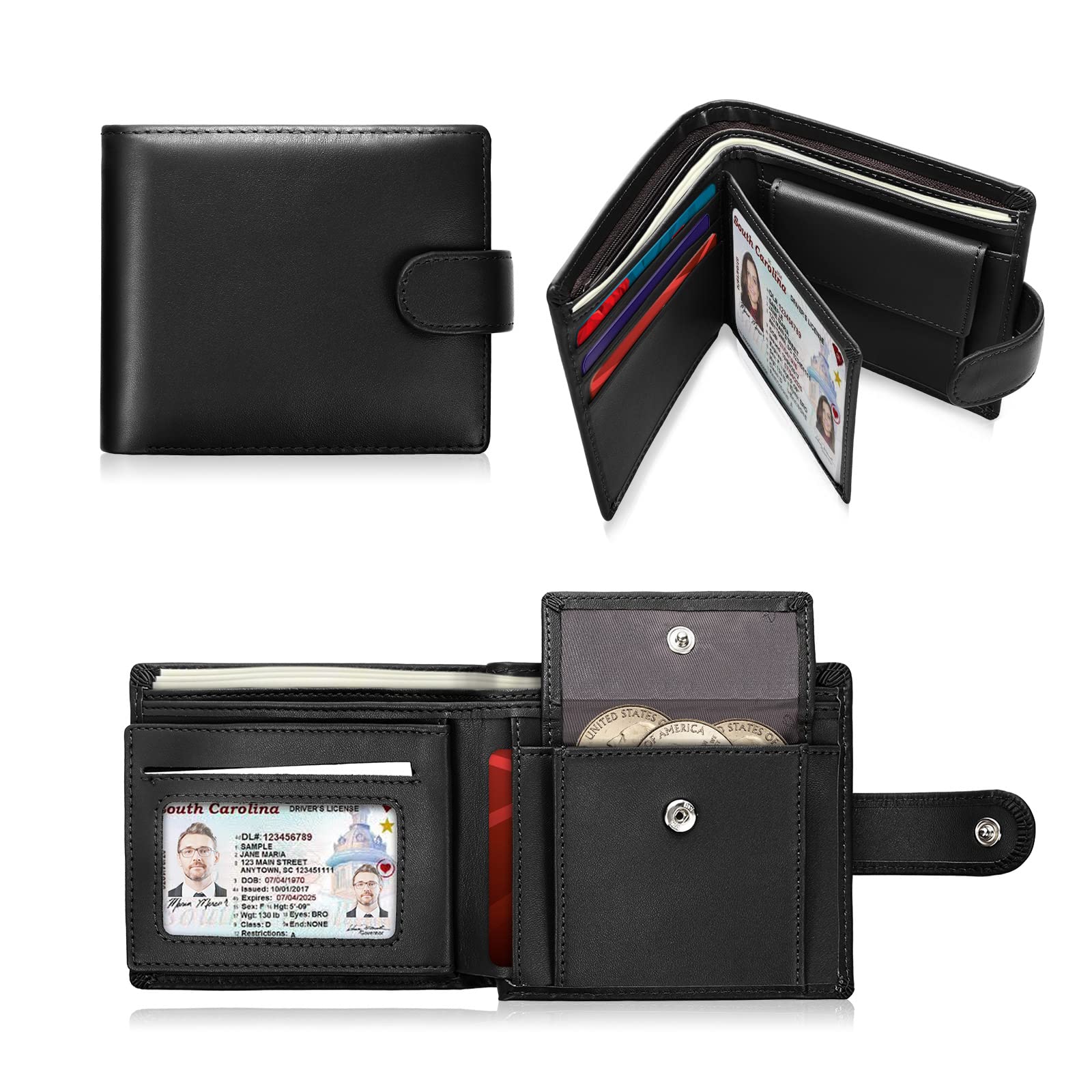 LifeImpree Genuine Leather Wallet for Men Large with Coin Pocket,RFID Bifold Wallets for Men with 2 ID Window and 11 Slots,Gift Box(Black)