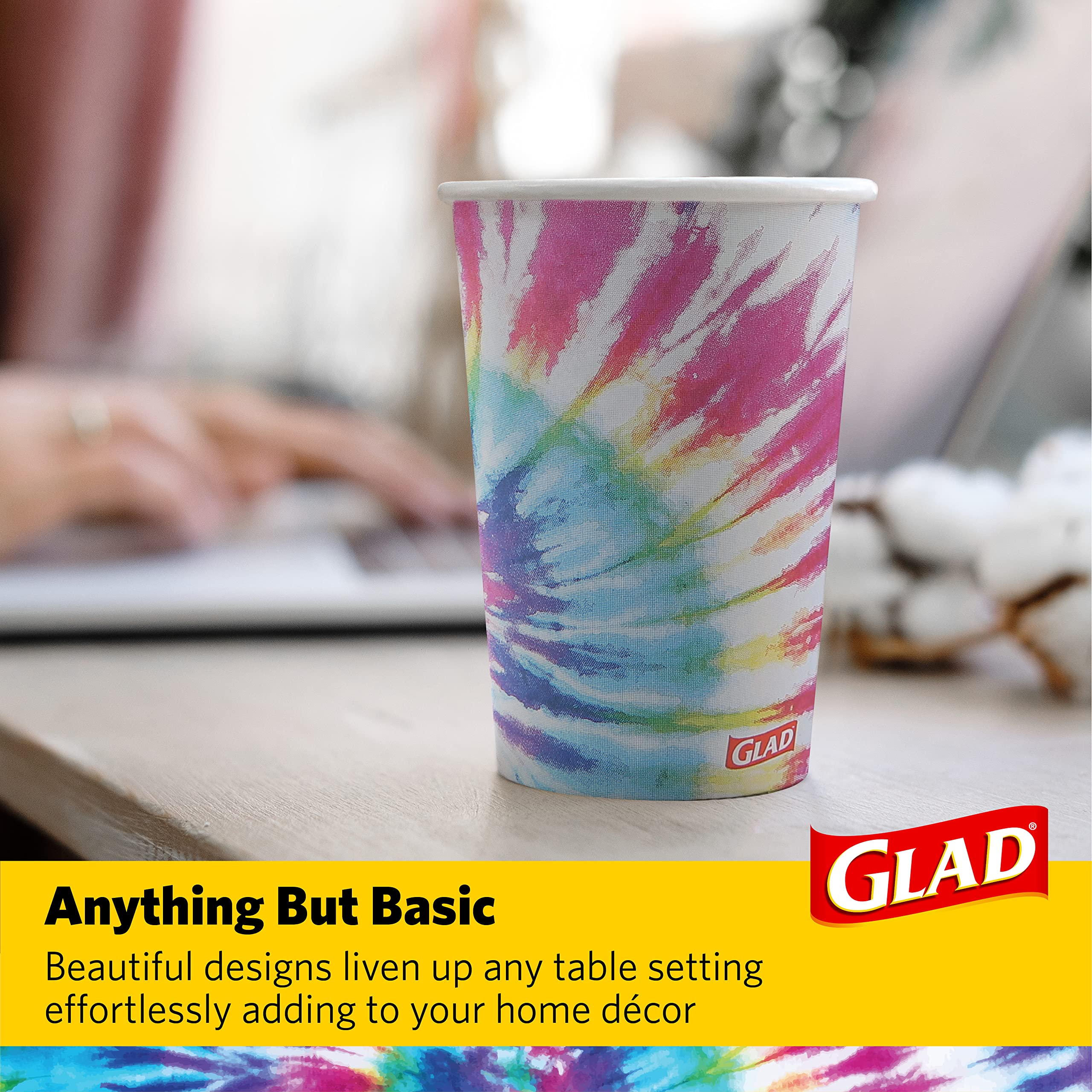 Glad Everyday Disposable Paper Cups with Tie Dye Design | Heavy Duty Paper Cups, 12 Oz Paper Cups for All Beverages and Everyday Use | 12 Ounces, 50 Count