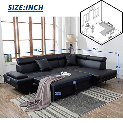 FDW Sofa Sectional futon Sofa Bed Sofa for Living Room Couches and Sleeper Sofa PU Leather Sofa Set Corner Modern Queen 2 Piece Contemporary Upholstered，Black