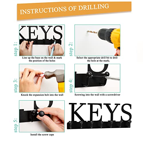 HLWDFLZ Key Holder for Wall - Wall Mounted Key Hangers with 7 Key Hooks, Wall Decorative Organizer Rack for Entryway Mudroom Front Door Kitchen Hallway Office 10 X 4 inches (BLACK KEYS)