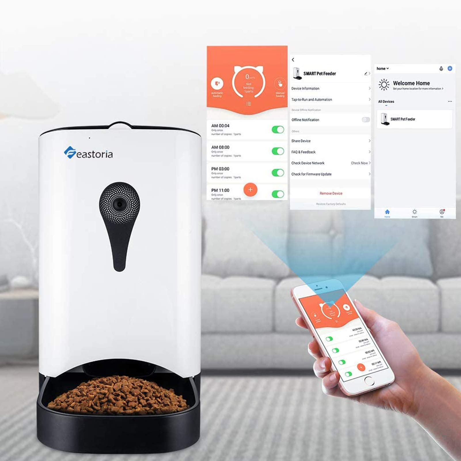 Feastoria Automatic Pet Feeder with HD Camera and 4 Meals Programmable Timer and Voice Recording for Dog and Cat