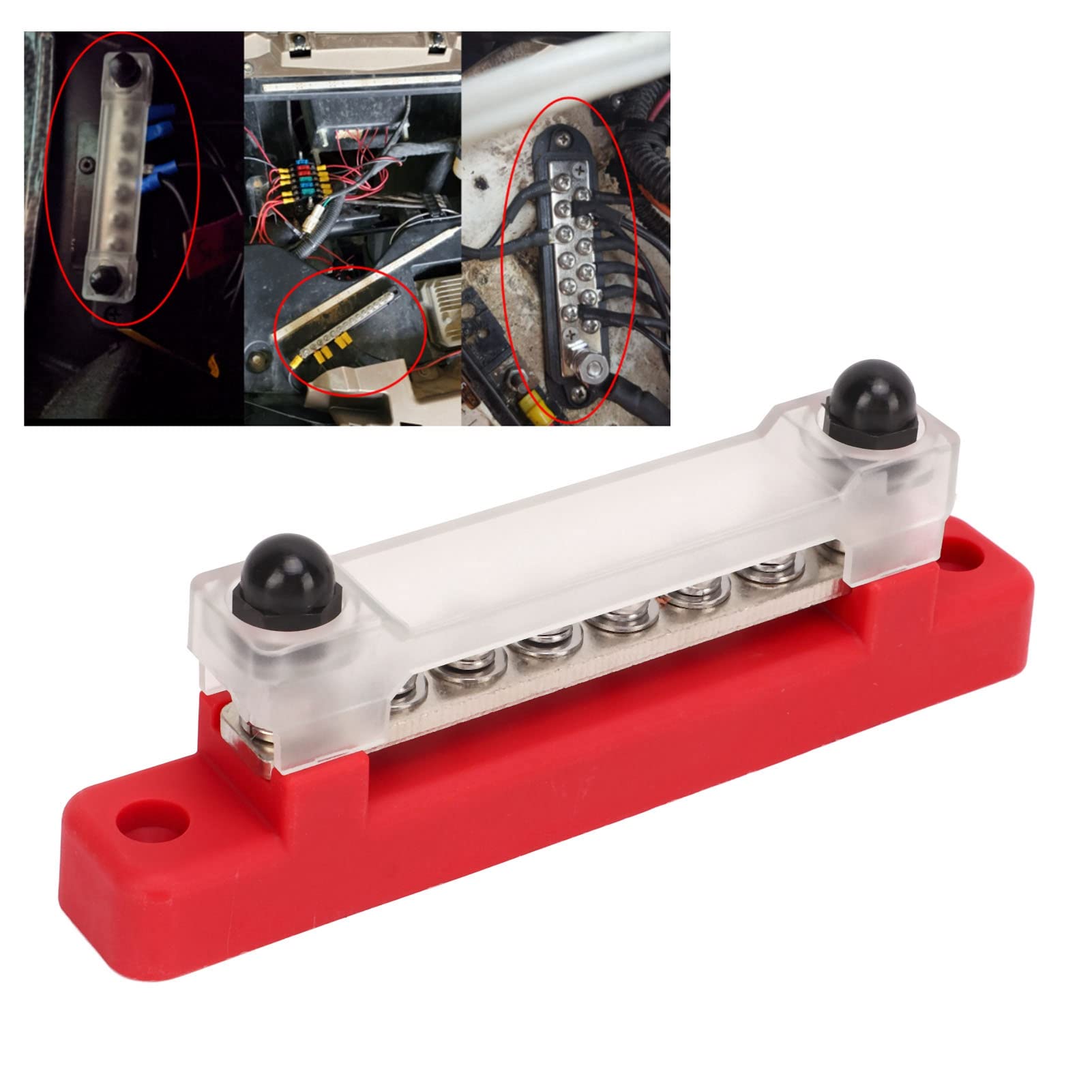 KOSDFOGE 48V 150A 6 Terminal Bus Bar Power Distribution Block with Cover M6 Studs M4 Screws for Car RV Caravan Marine Boat(Red CP-0965-02)