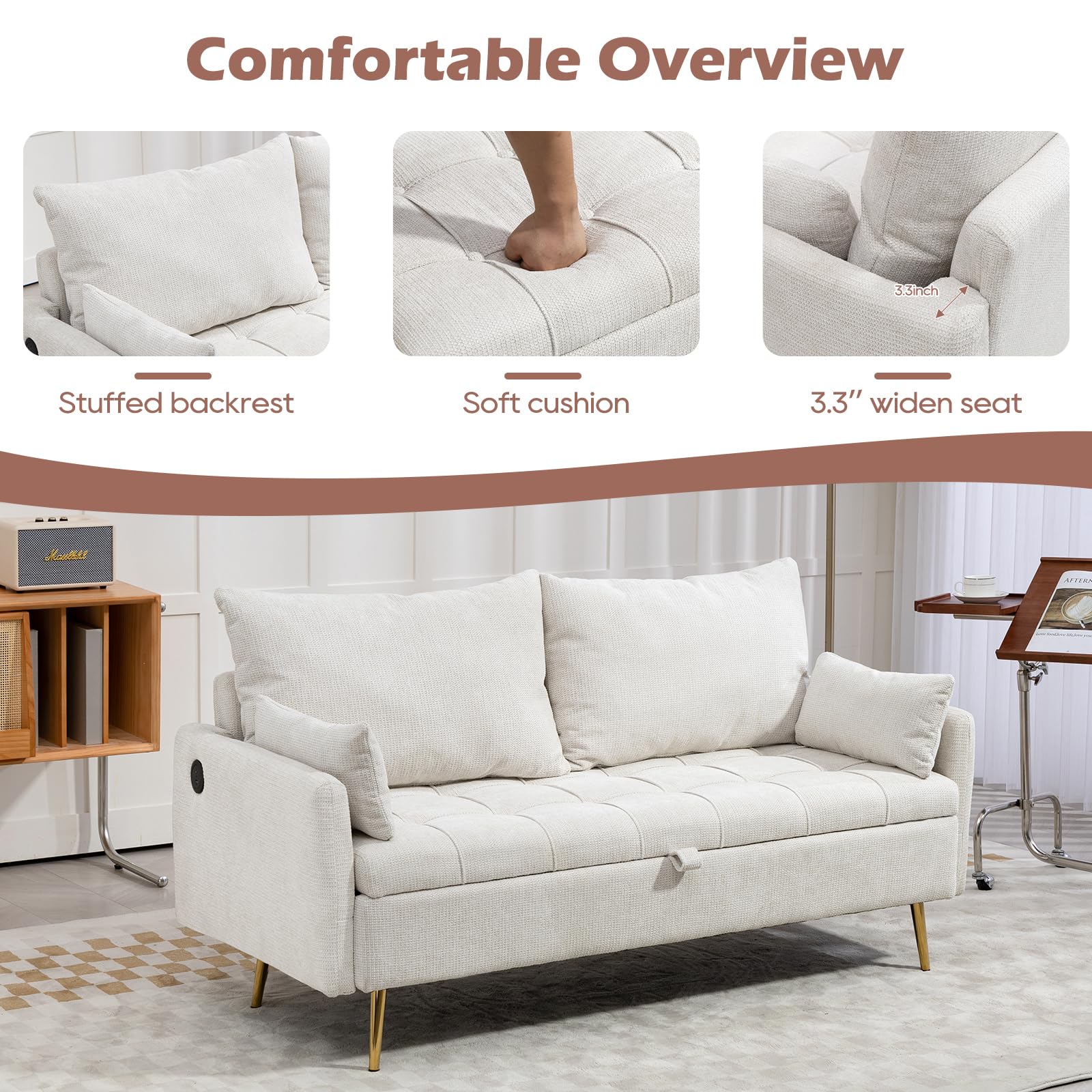 RIHEREFY 60'' Loveseat Sofa Couch with Storage, Modern Loveseat Couch with 4 Pillows & Metal Legs, 2 Seater Sofa with USB & Type C for Living Room,Bedroom, Apartment(Beige