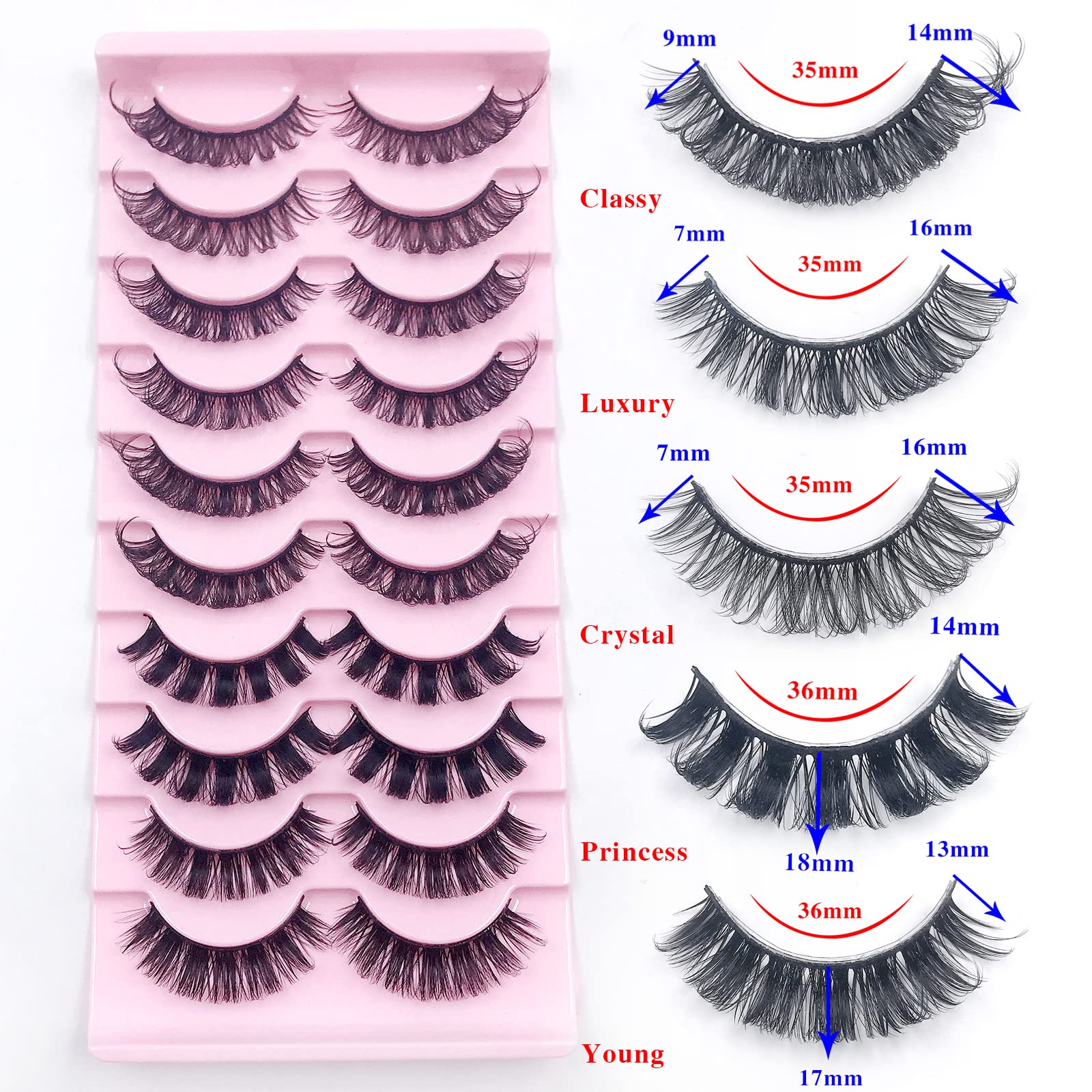 IFLOVEDEKD 5 Styles Mix Fluffy Russian Curl Lashes 10 Pairs Russian Strip Lashes Natural Fake Lashes Pack Wispy Russian Lashes D Curl Thick False Eyelashes Dramatic Russian Volume Strip Eyelashes