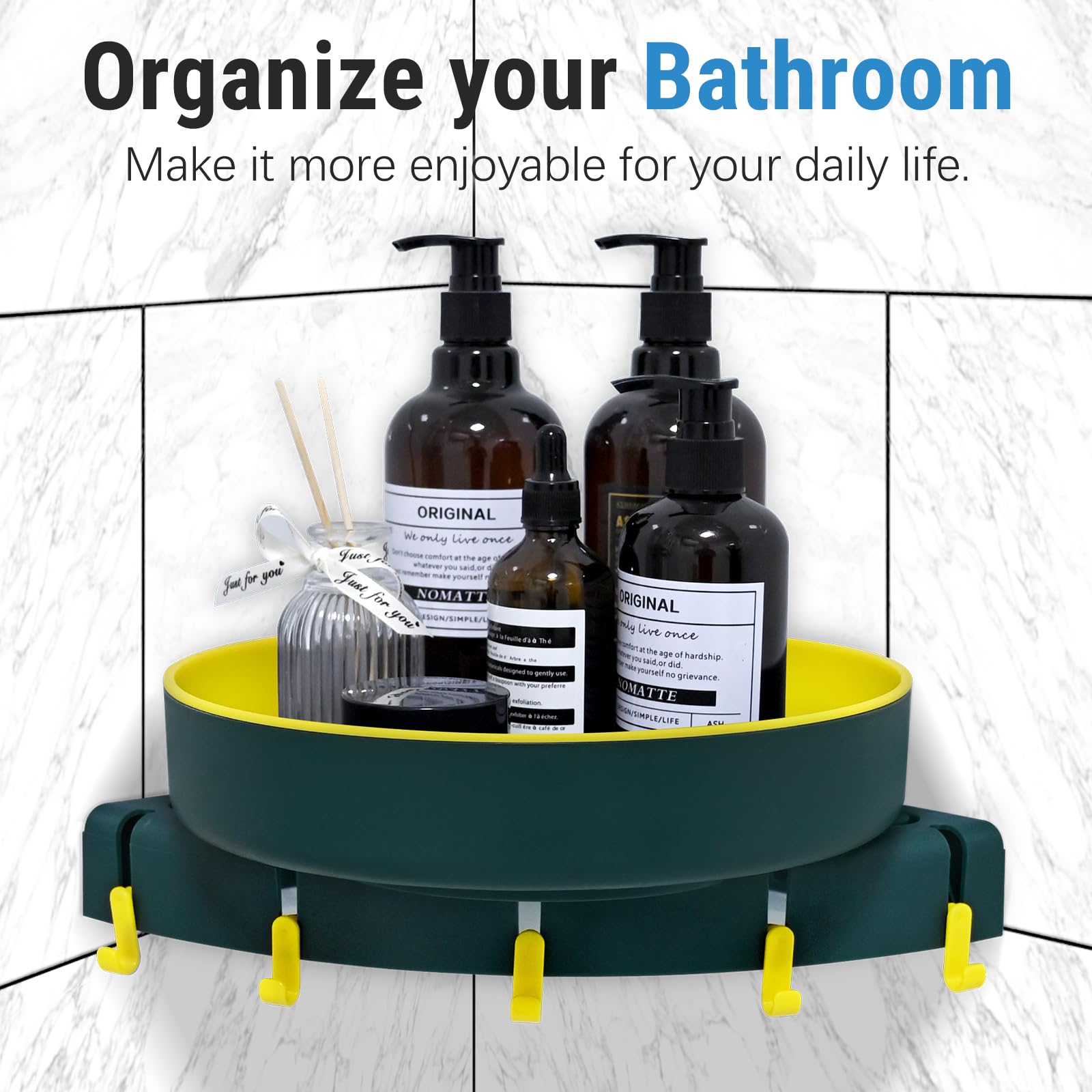 Sarzdras Corner Shower Caddy 360°Rotate Shower Corner Organizer, No Drilling Plastic Inside Shower Storage Rack, 5 Hooks Towel Shelf for Bathroom, Restroom, Bedroom and Kitchen Green