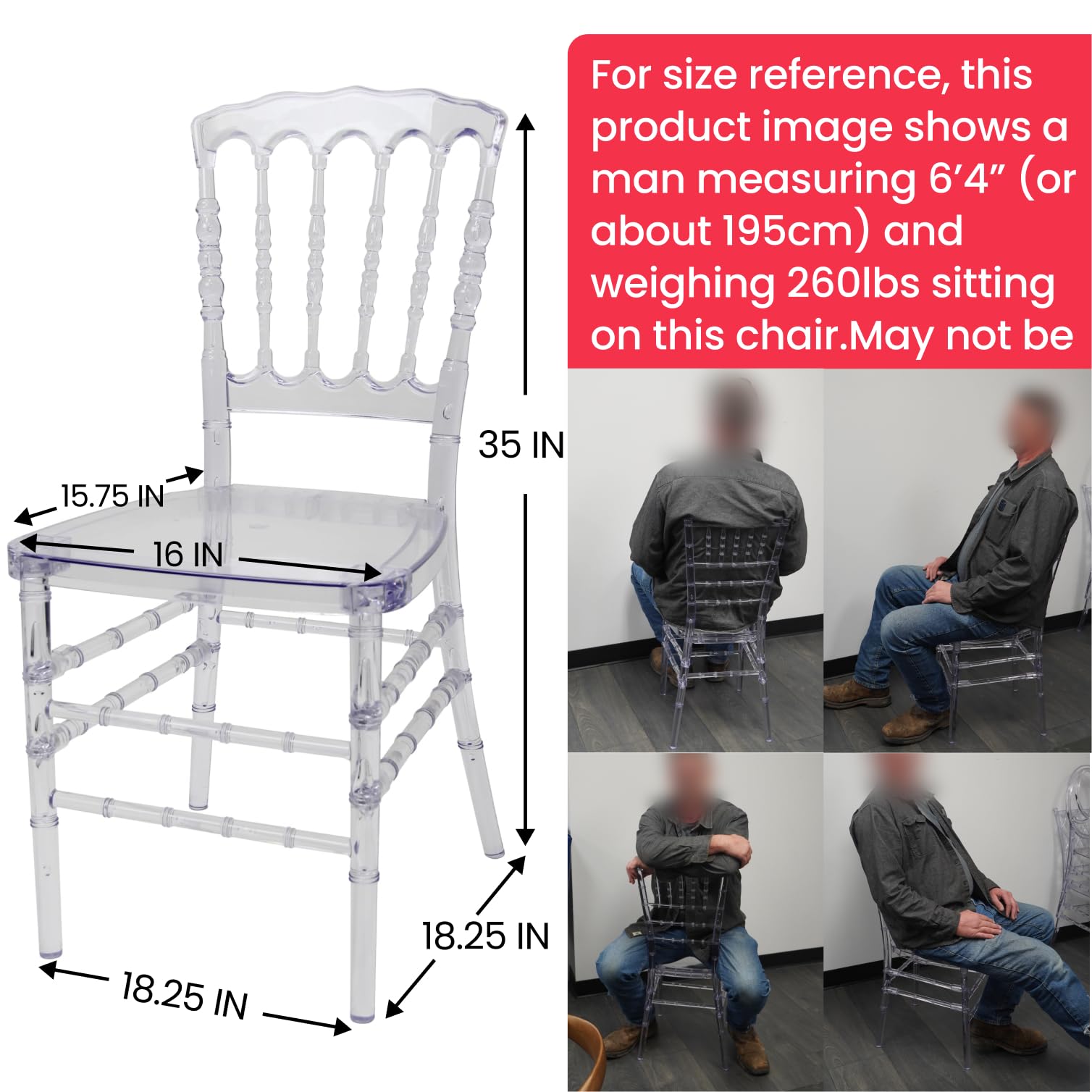 Fohfurniture Set of 4 Clear Crystal Acrylic Chairs, Transparent Stacking Chiavari Dining Chairs for Weddings, Banquets, Events (Napoleon, Clear)