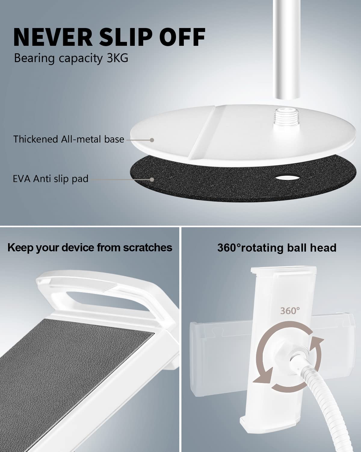 iFongsh Tablet Stand for Desk, 2-in-1 Ipad Holder Stand & Phone Stand,360 Degree Rotating Gooseneck and Height Adjustable Desktop Holder Dock Compatible with(4.7"-13") iPhone,iPad Pro,Air,Mini