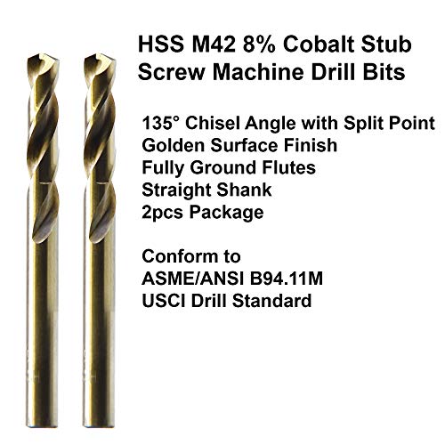 MAXTOOL 21/64" 2pcs Identical Screw Machine Drills HSS M42 Cobalt Twist Stub Drill Bits Fully Ground Golden Straight Shank Short Drills; SMF42G10R21P2