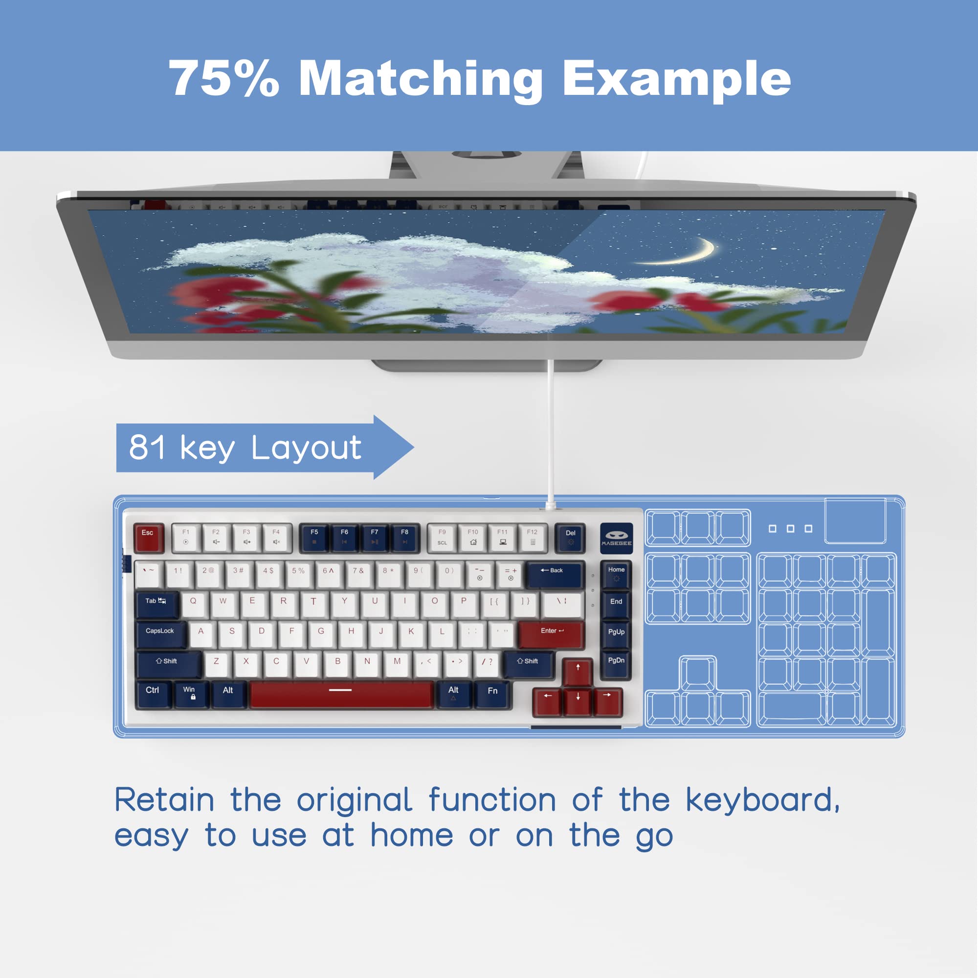 MageGee Mechanical Keyboard, Wired Gaming Keyboard Backlit Ultra-Slim USB Keyboards with Blue Switches 81 Keys for PC Windows Computer Laptop(Blue White)…