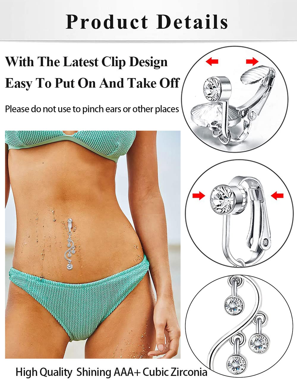 Honsny 10Pcs Fake Belly Ring Clip on Belly Button Rings for Women Dangling Opal CZ Fake Belly Button Ring Non Piercing Jewelry