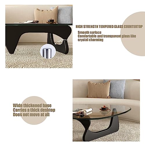 Triangle Glass Coffee Table-Mid-Century Modern End Table Solid Wood Base and Vintage Tempered Transparent Glass Top Coffee Tables Living Room Balcony (Walnut/Brown, Medium 35.8 * 25.5 * 16in)