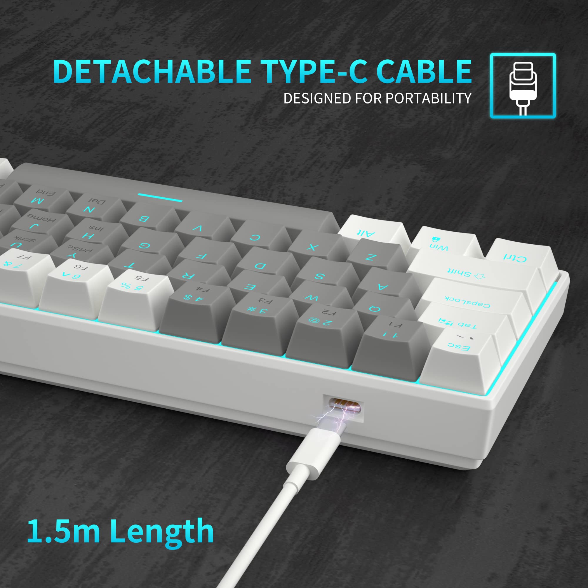 MageGee MK-Mini 60% Mechanical Gaming Keyboard, 61 Keys Compact Gaming Keyboard with Blue Switch, Portable Blue LED Backlit USB Type-C Wired Office Keyboard for PC Laptop, White & Gray